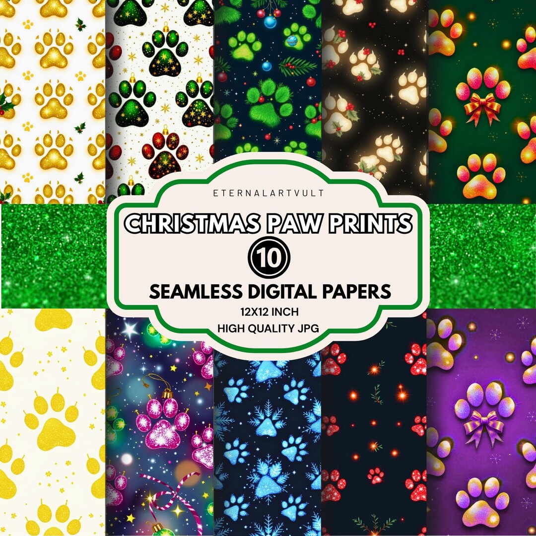 Christmas Paw Print Digital Paper | Seamless Dog Cat Bear Paw Prints ...