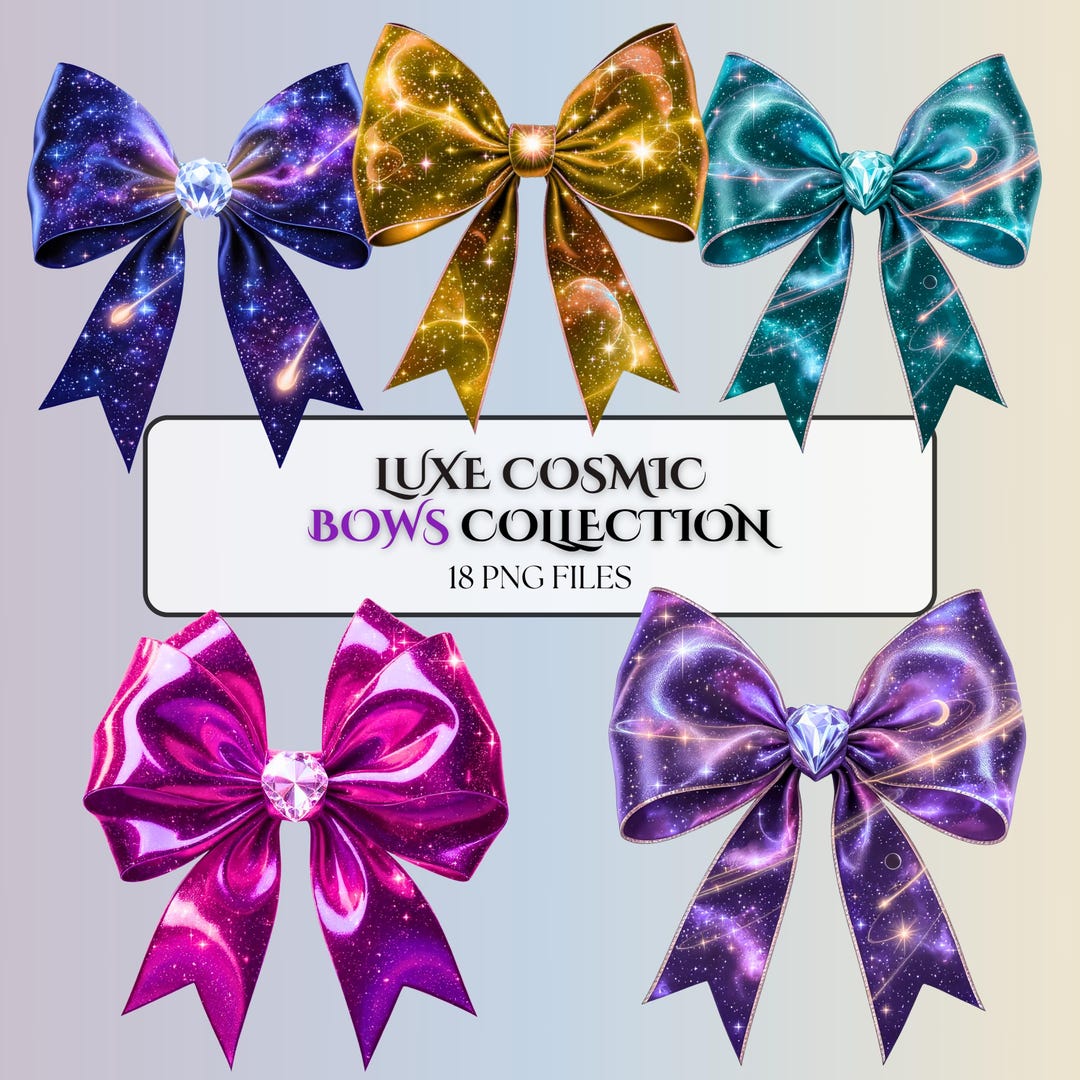 Luxe Cosmic Bow Clipart Bundle PNG | 18 Galaxy Bows With Crystals ...
