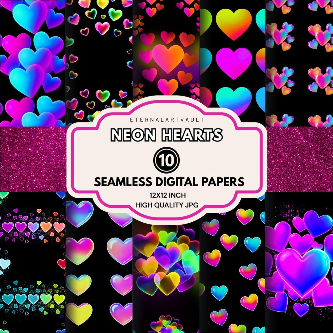 Neon Hearts Seamless Digital Paper on Black | Bold Glow Holographic ...