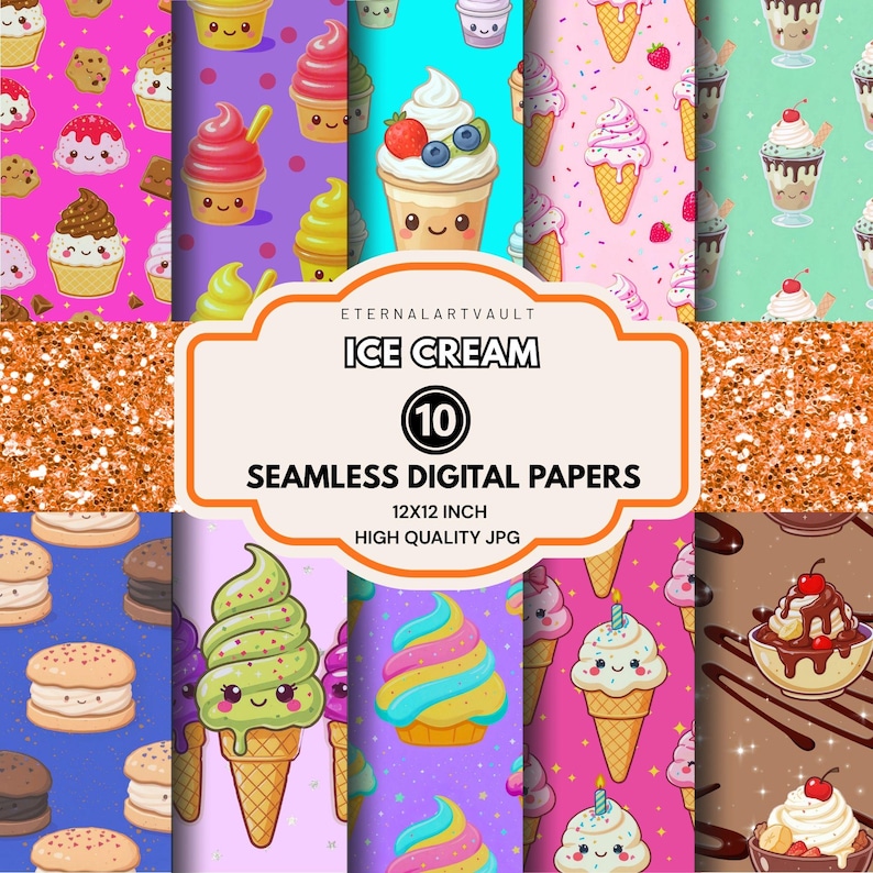 Kawaii Ice Cream Digital Paper Seamless | Bright Ice Cream Pattern ...