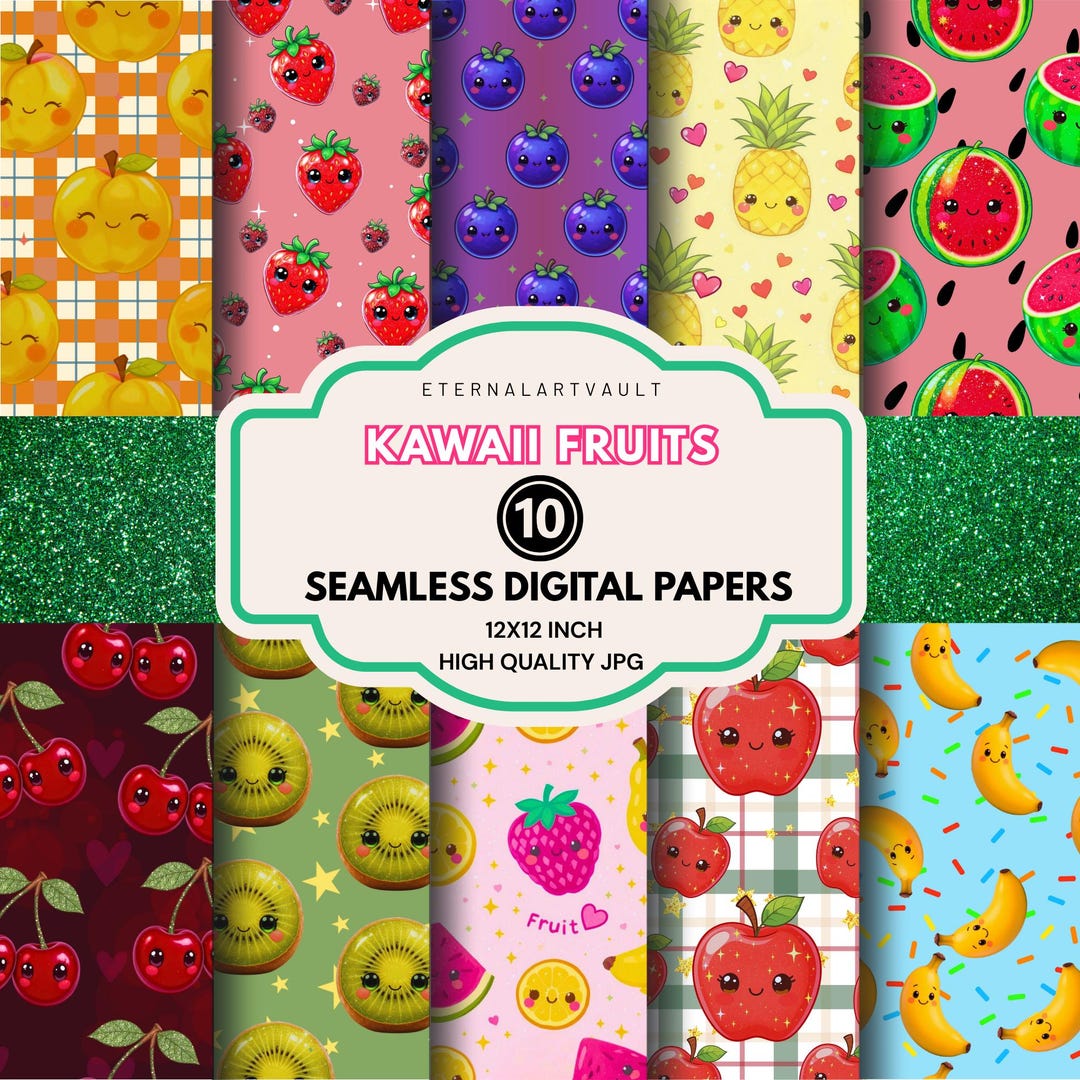 Kawaii Fruits Seamless Digital Paper | Cute Strawberries Cherries ...