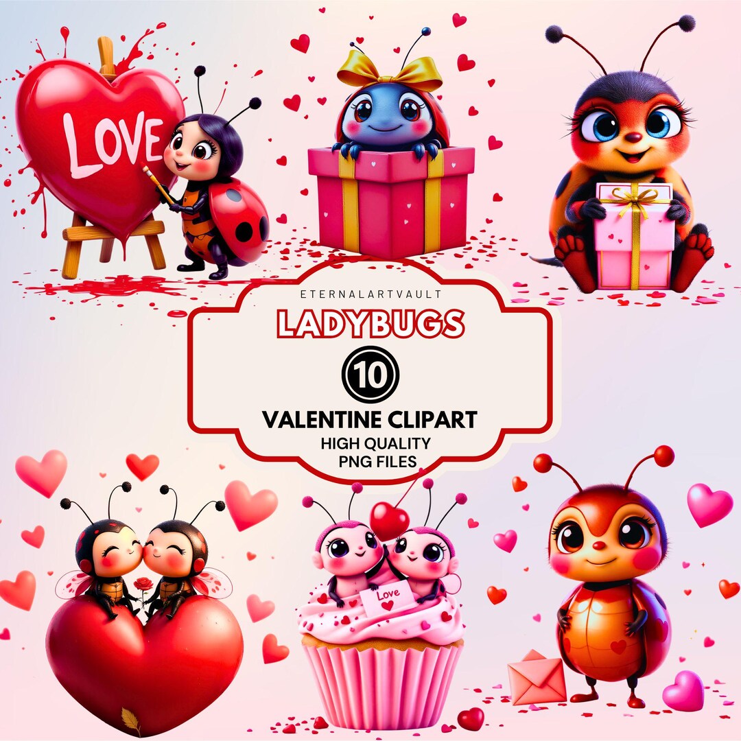 Valentine Ladybug Clipart Set | Cute Love Bug Pngs | Glossy Red Heart ...