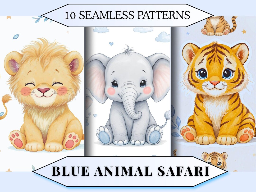 Blue Safari Baby Animals Seamless Patterns | Jungle Nursery Digital ...