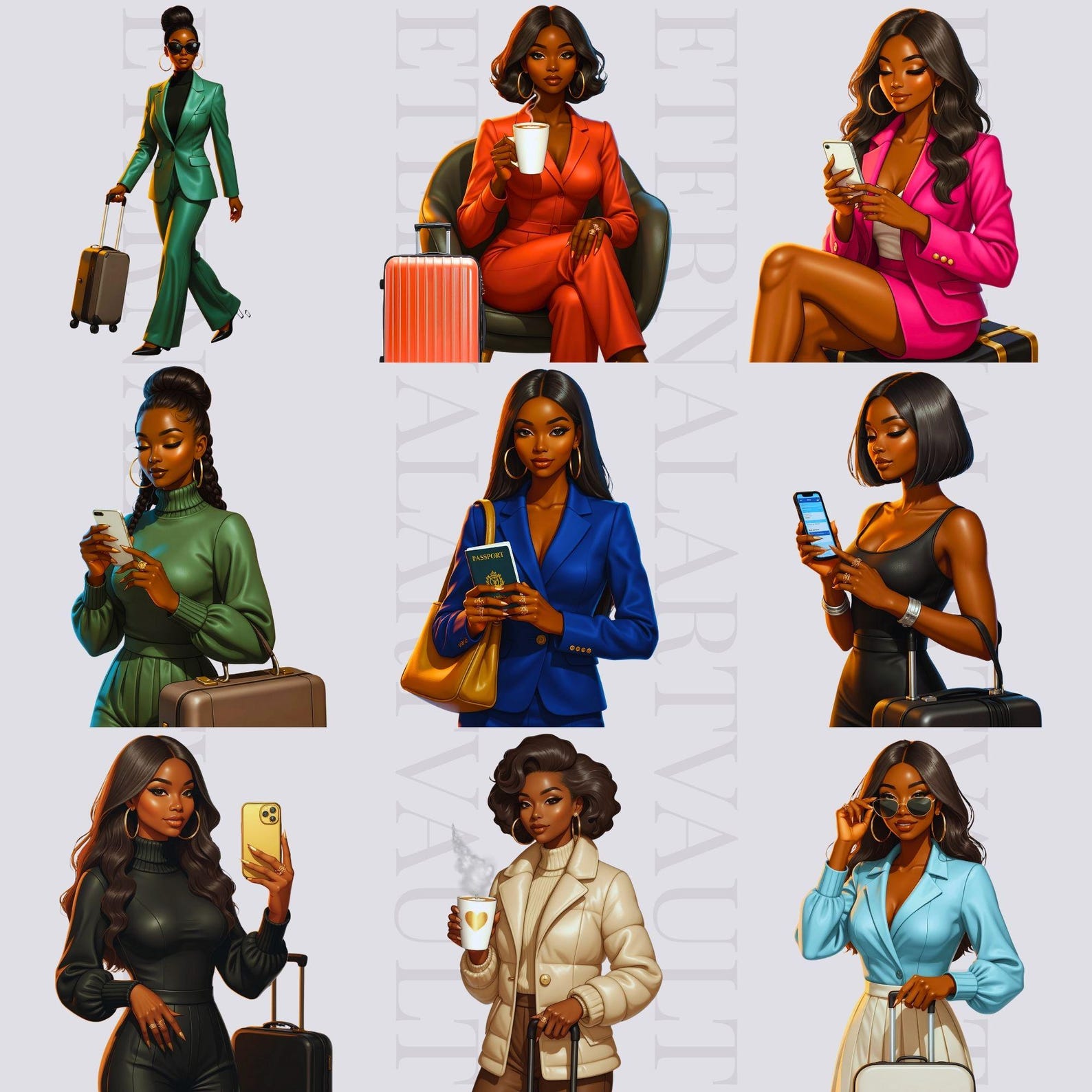 Black Women Jet Setter Clipart | Luxury Travel Fashion PNG Bundle ...