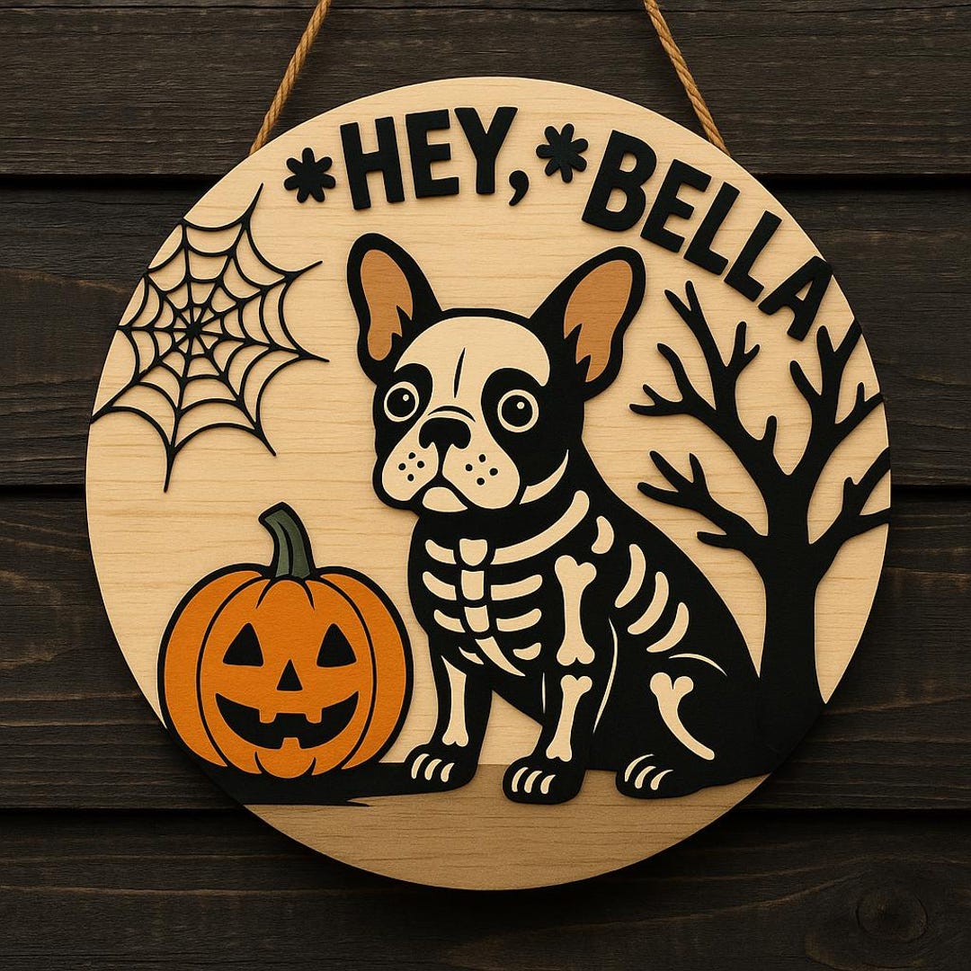 Custom Halloween Dog Door Sign – Personalized Wooden Bulldog Skeleton ...