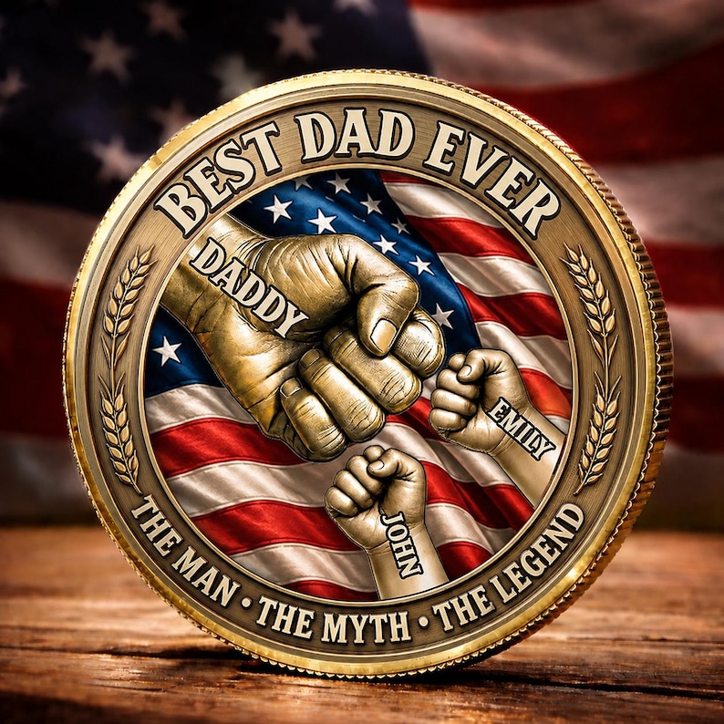 Custom Dad Kids Names Coin, Personalized American Dad Grandpa Challenge ...