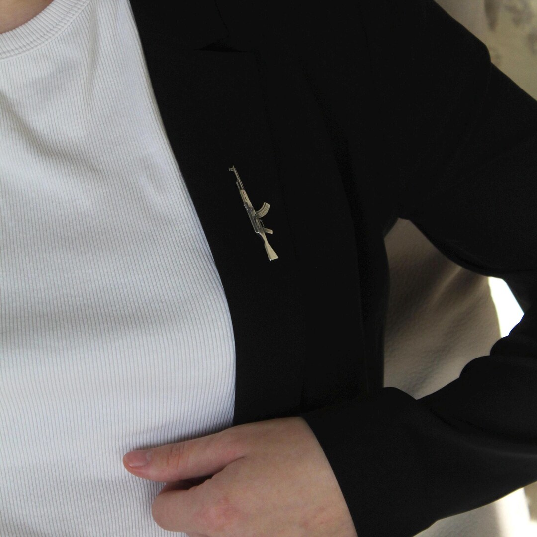 Bold Silver AK-47 Pin With Custom Engraving, Unique Gun Brooch Pin, Perfect Gift for Soldier Dad ...