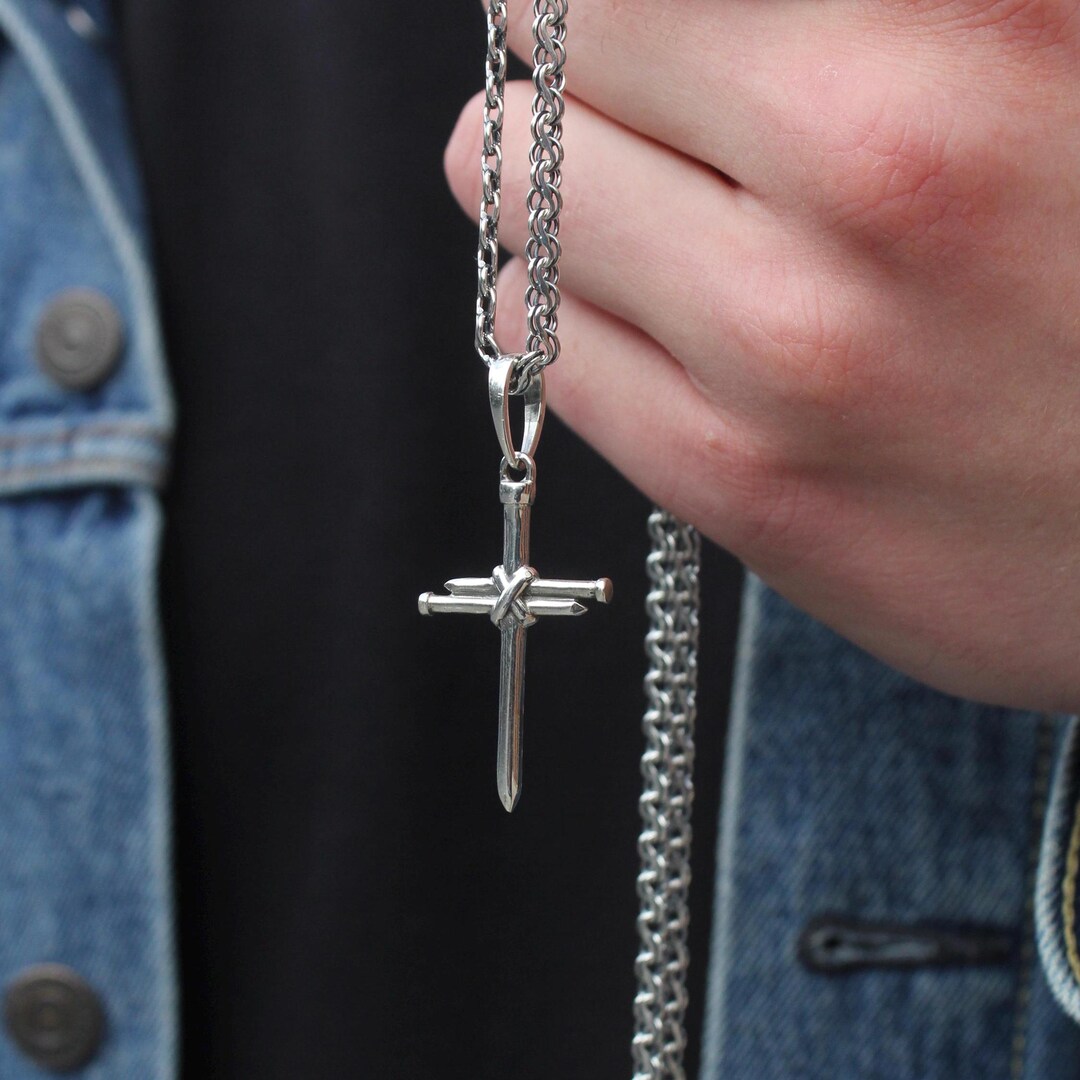 925 Silver Nail Cross Pendant, Cross Necklace for Men, Handcrafted ...
