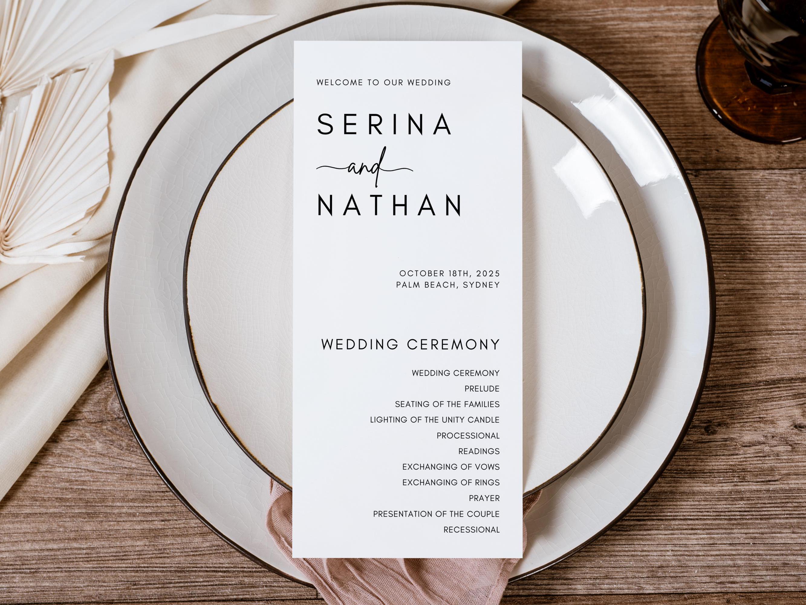 Modern Wedding Program Template, Minimalist Order of Service, Printable ...