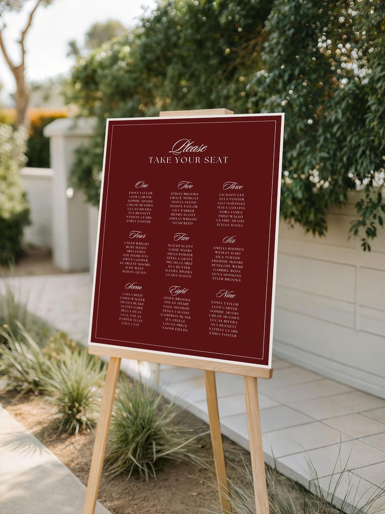 Wedding Seating Chart Template: Editable Burgundy Table Seating Sign ...