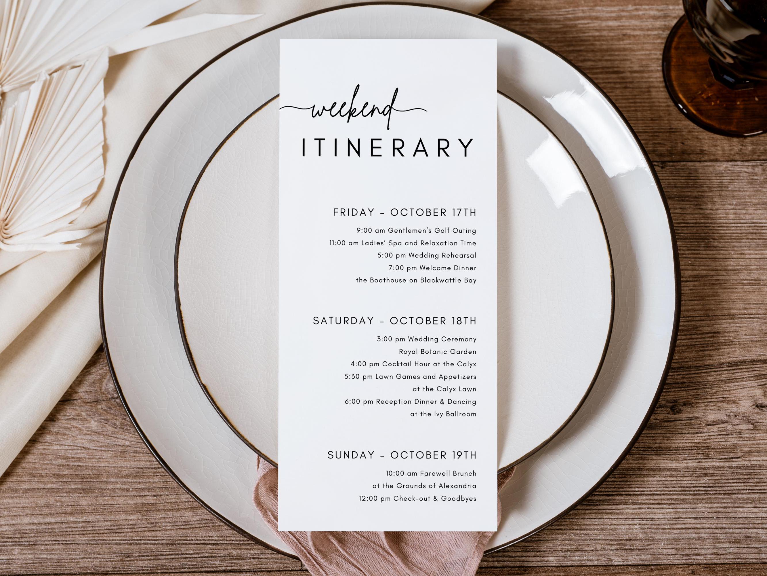 Welcome Letter & Timeline Card, Weekend Itinerary Template, Minimalist ...