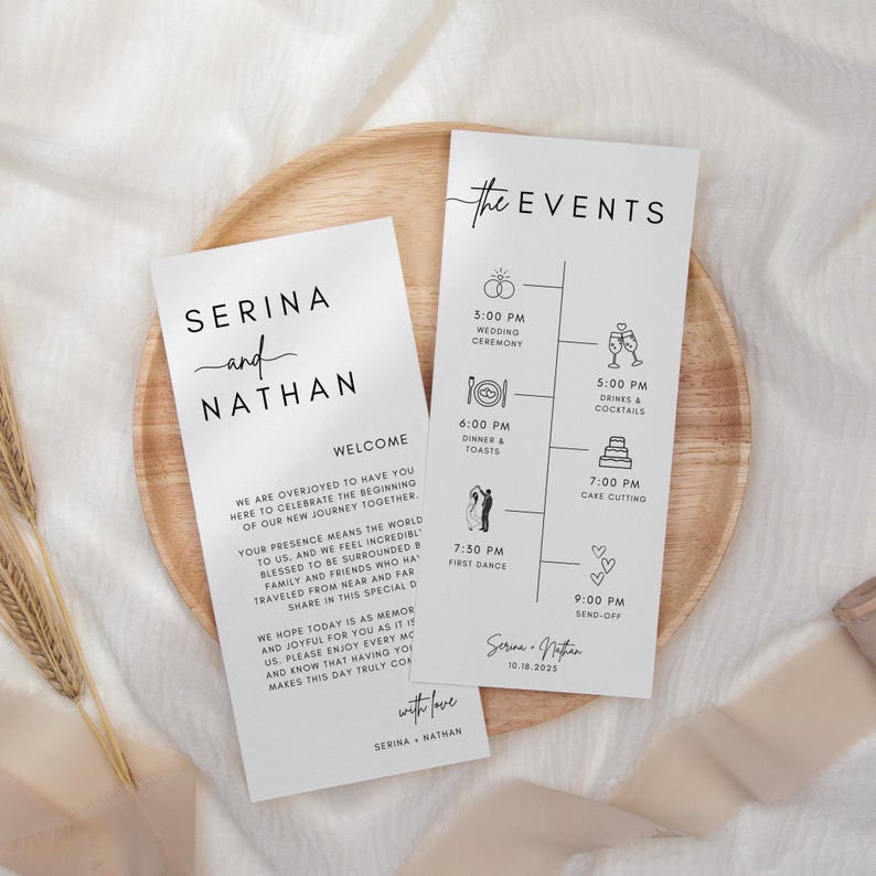 Modern Wedding Timeline Card Template: Welcome & Event Itinerary ...