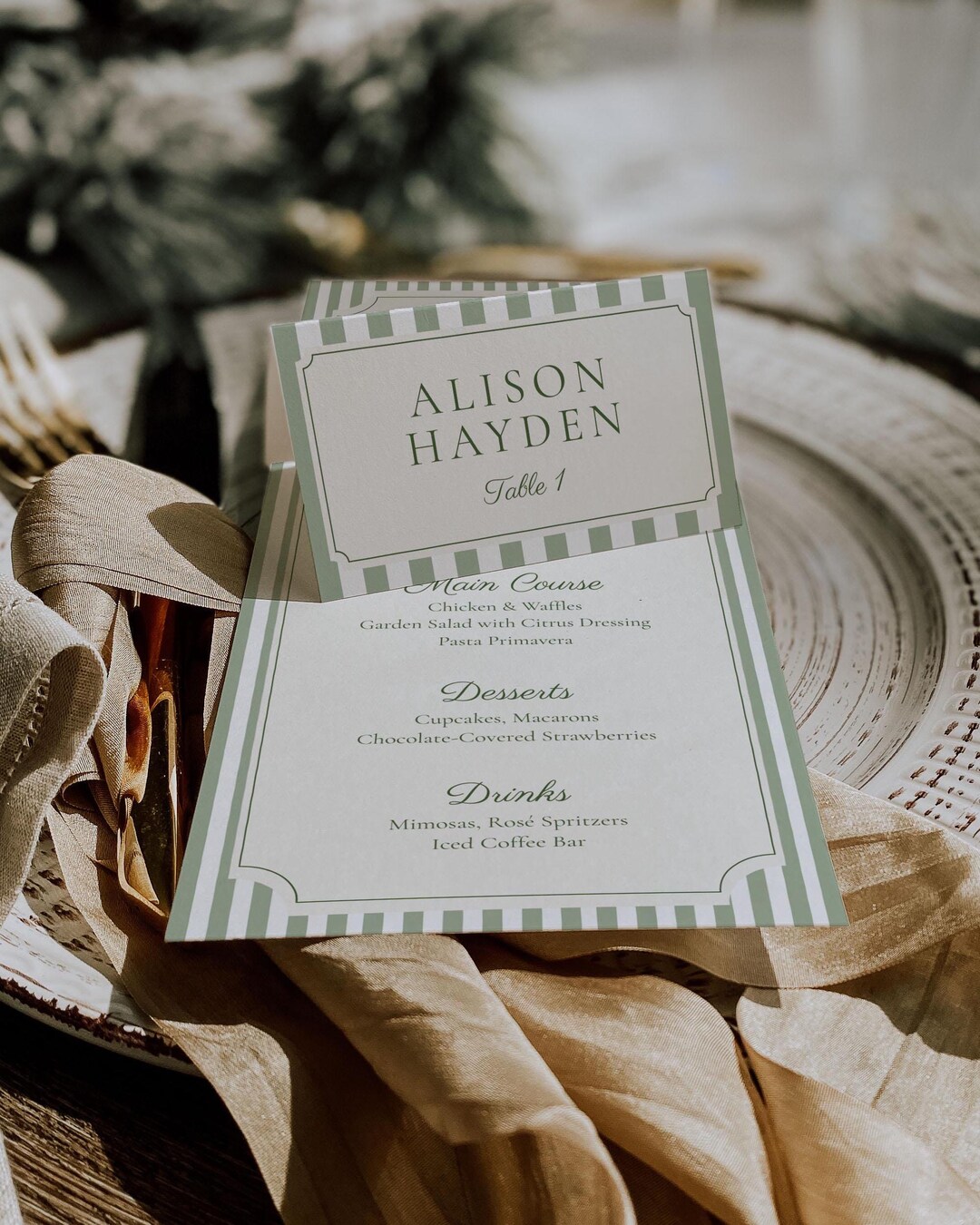 Wedding Place Card Template: Editable Green Elegant Name Card (instant ...