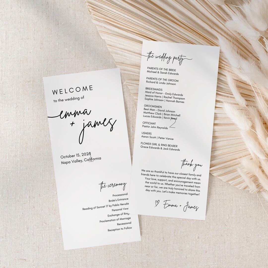Elegant Wedding Program Template, Minimalist Wedding Ceremony Program ...