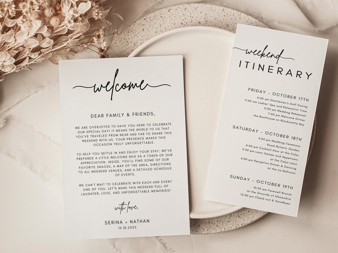 Welcome Letter & Timeline Card, Weekend Itinerary Template, Minimalist ...