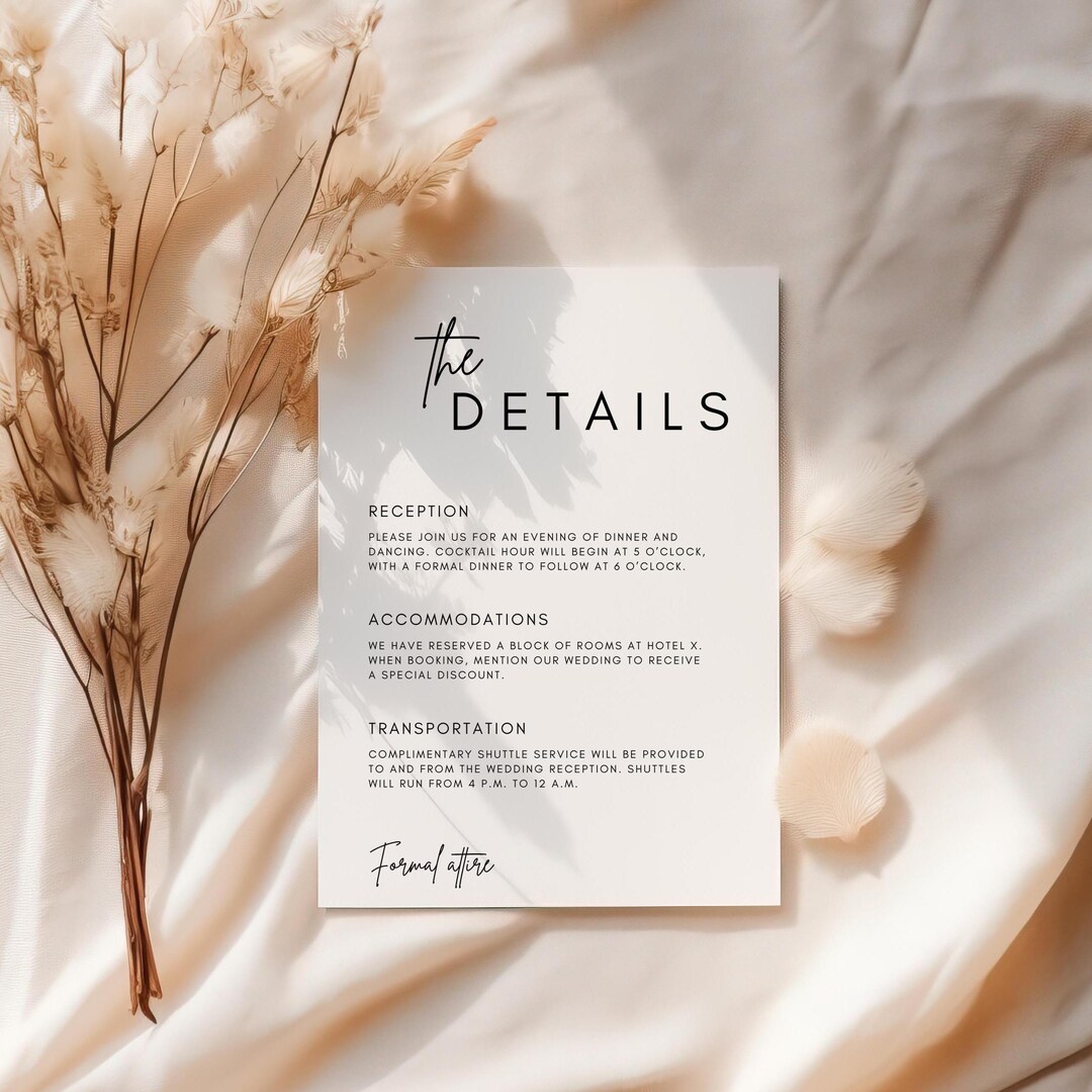 Modern Wedding Details Card Template, Reception, Accommodations ...