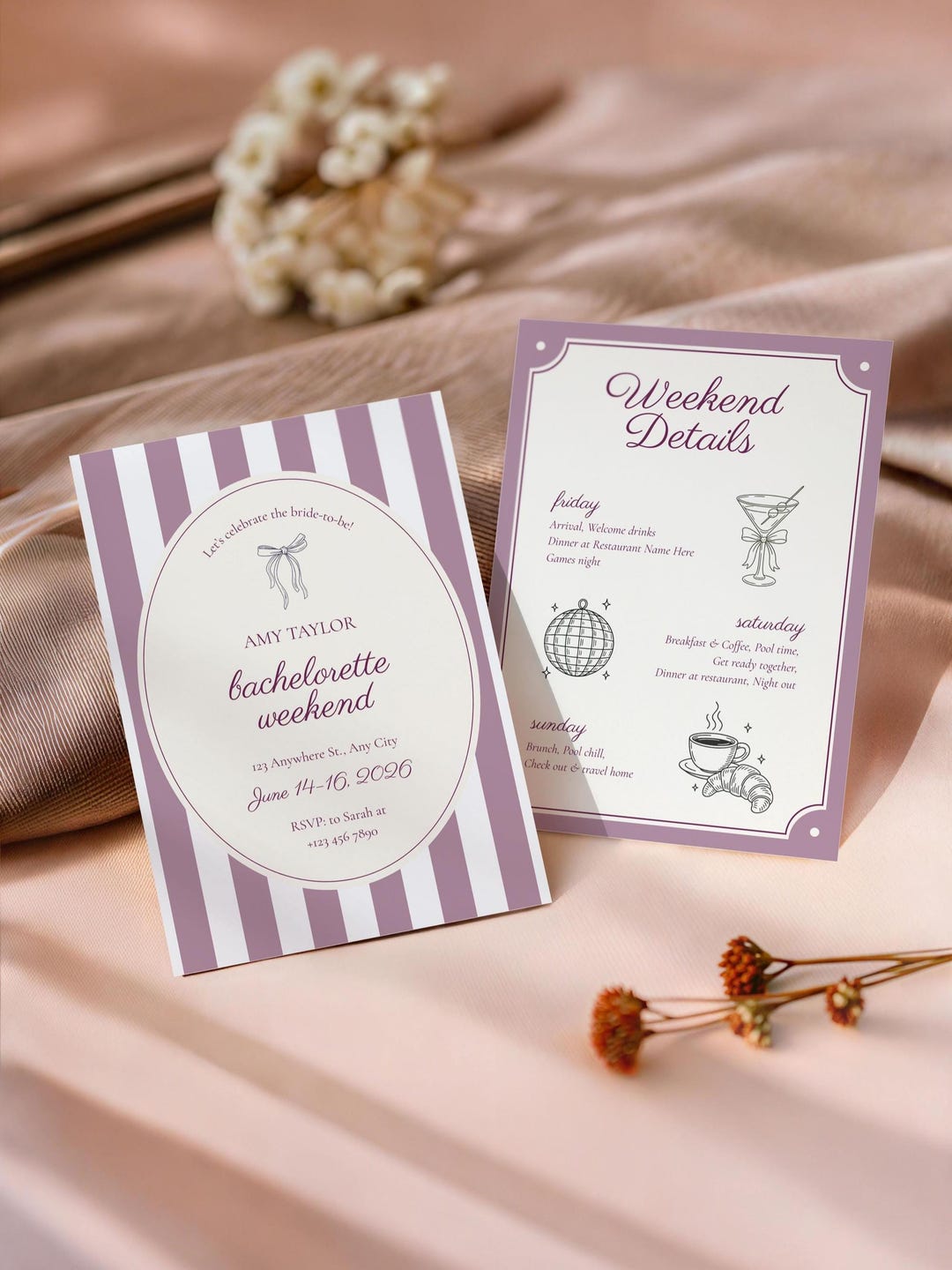 Bachelorette Weekend Invitation Template: Editable Mauve Bridal Party ...