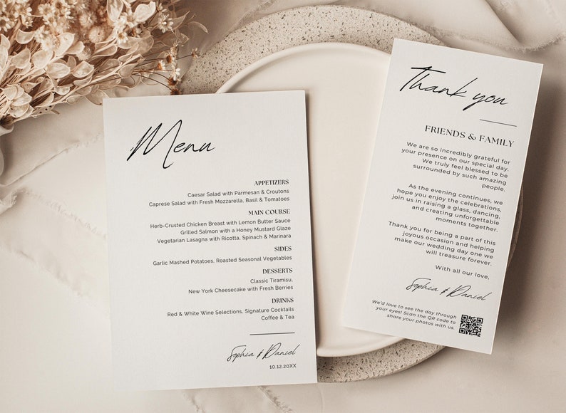 Modern Menu and Thank You Card, Editable Printable Dinner Menu and ...