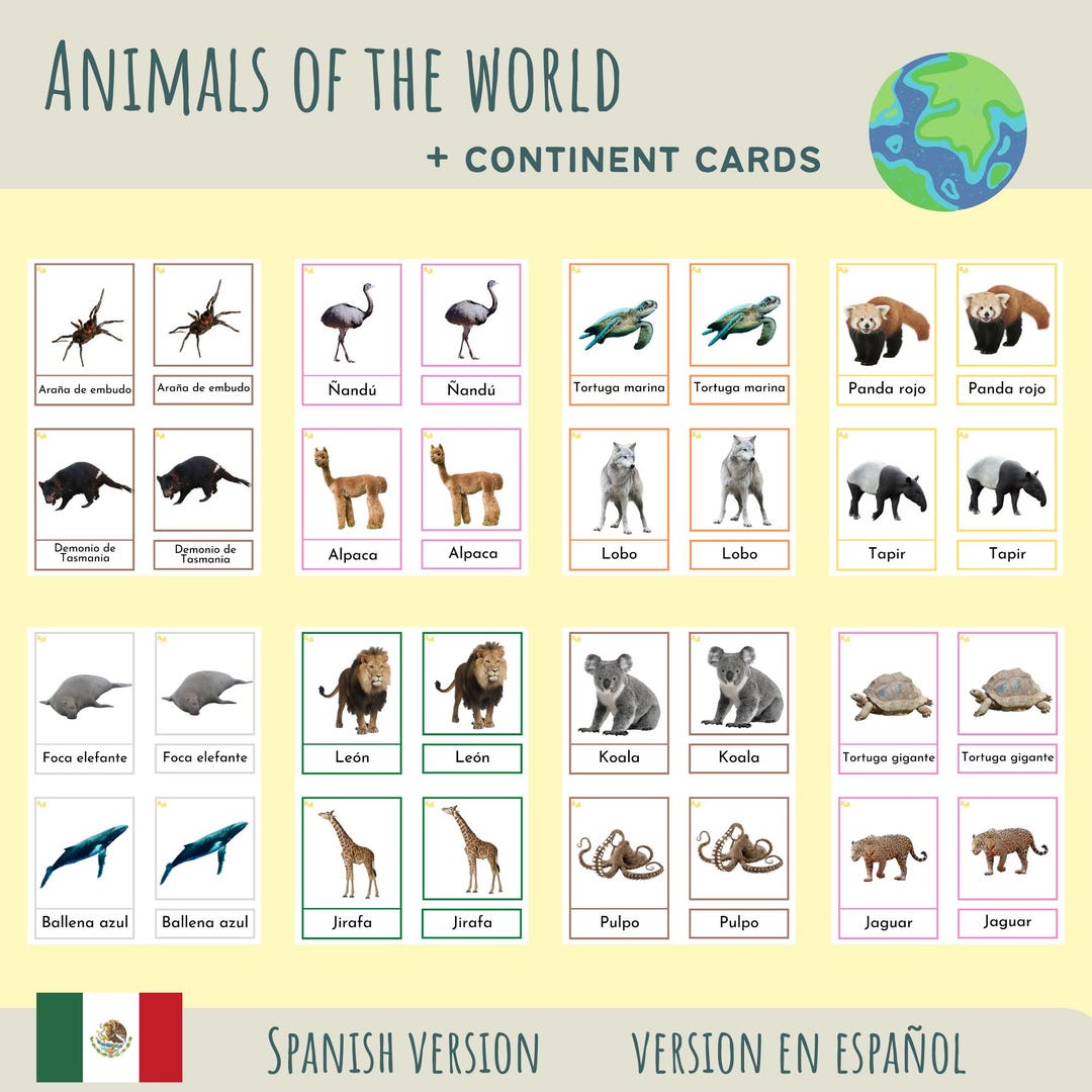 Animals of the World Spanish Version Continent Cards Montessori - Etsy