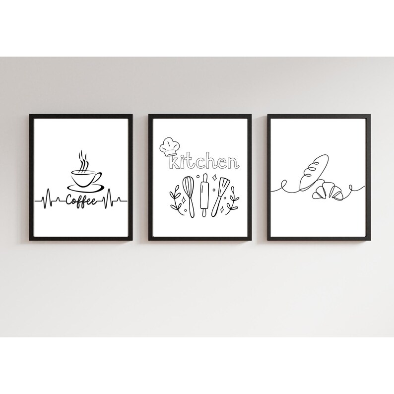 Set of 3 Line Drawing Printable Kitchen Decor ,kitchen Wall Art, Dining ...