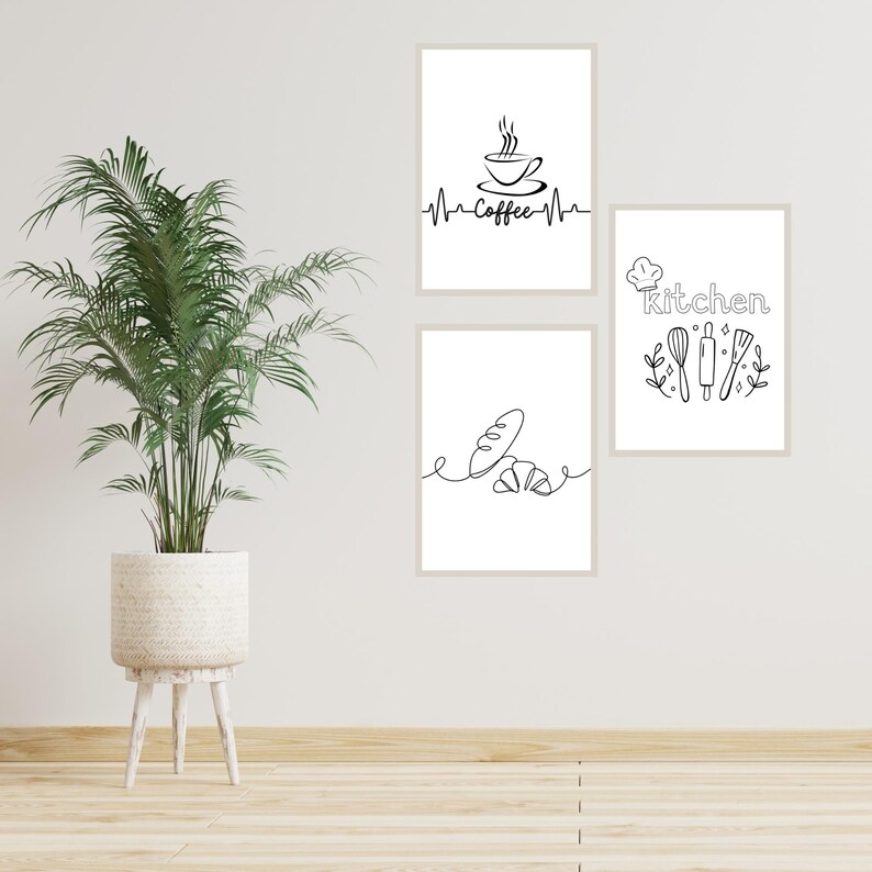 Set of 3 Line Drawing Printable Kitchen Decor ,kitchen Wall Art, Dining ...