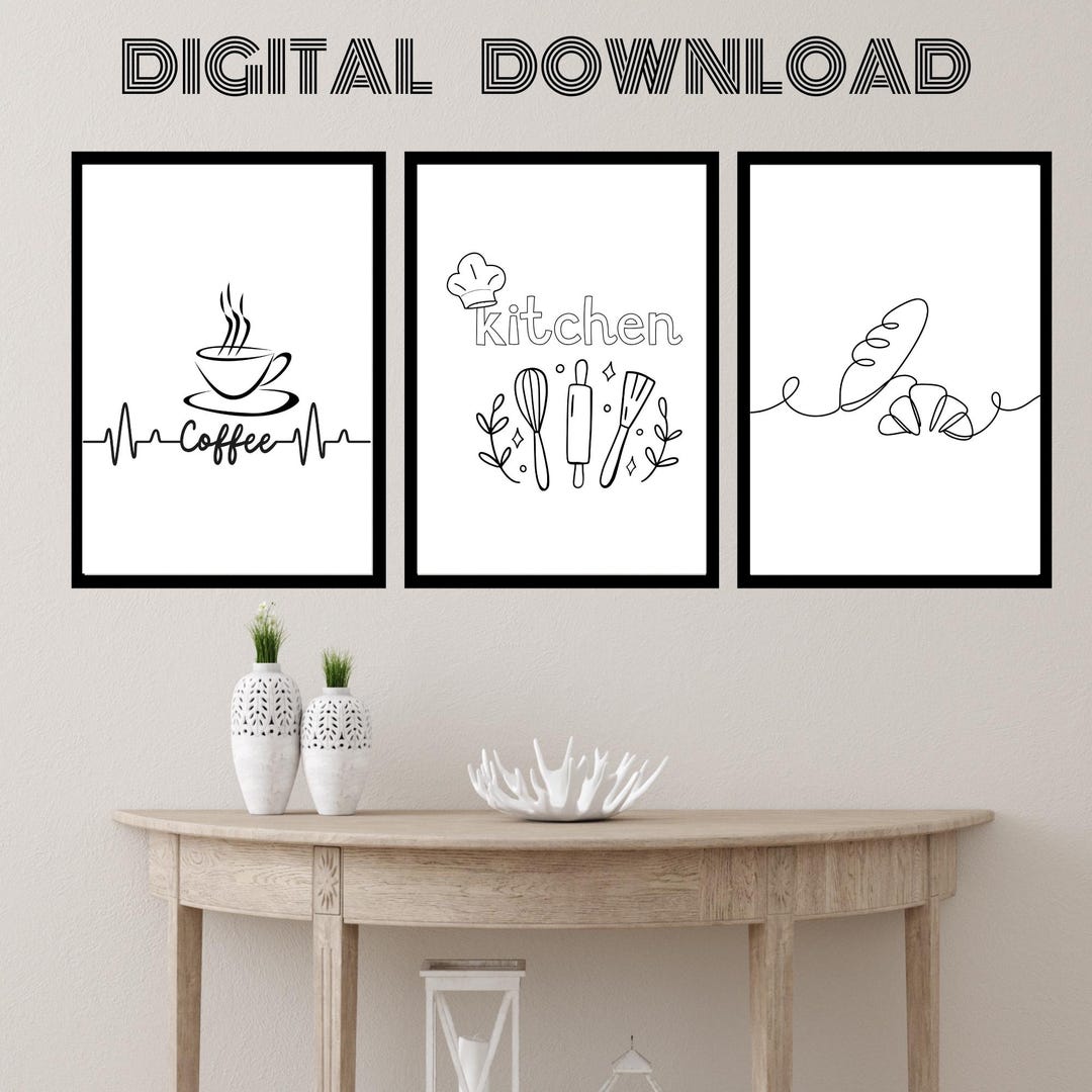Set of 3 Line Drawing Printable Kitchen Decor ,kitchen Wall Art, Dining ...