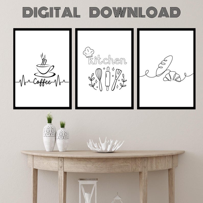Set of 3 Line Drawing Printable Kitchen Decor ,kitchen Wall Art, Dining ...