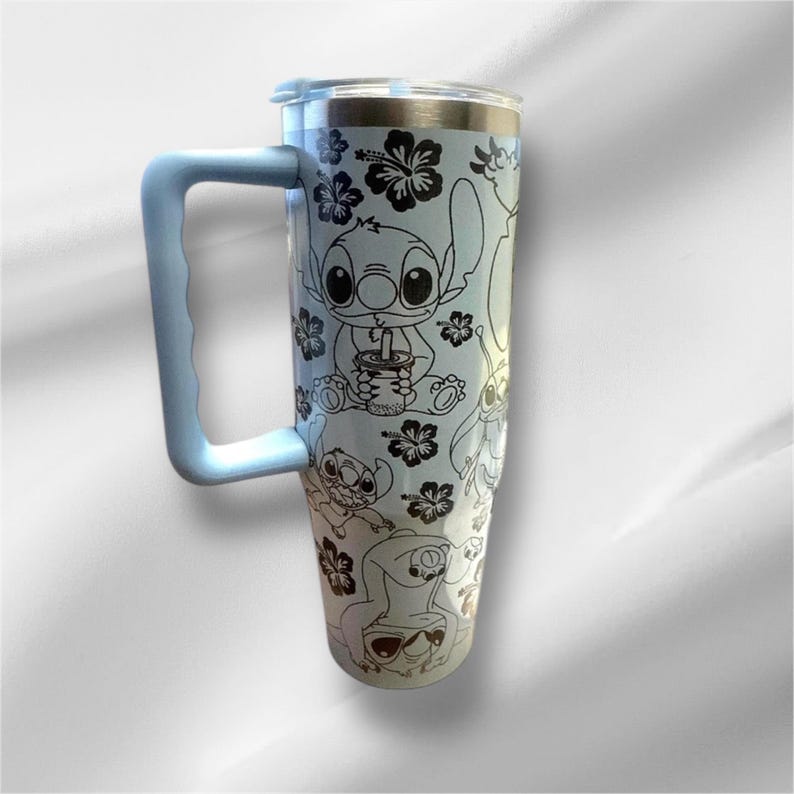 Stitch Laser Engraved 30oz Tumbler | Pearlized Blue, Handle, Lid ...