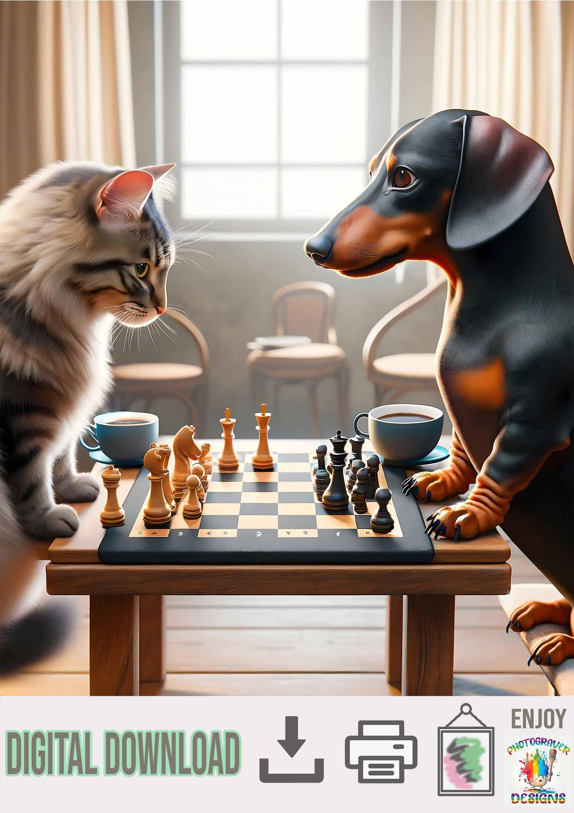 Funny Animal Art: Dog and Cat Playing Chess | Digital Wall Art With ...