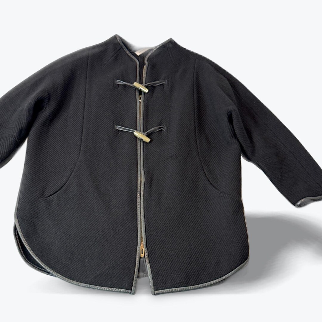 Vintage Wool Minimalist Jacket Toggle Zip Closure Leather Trim Made in ...