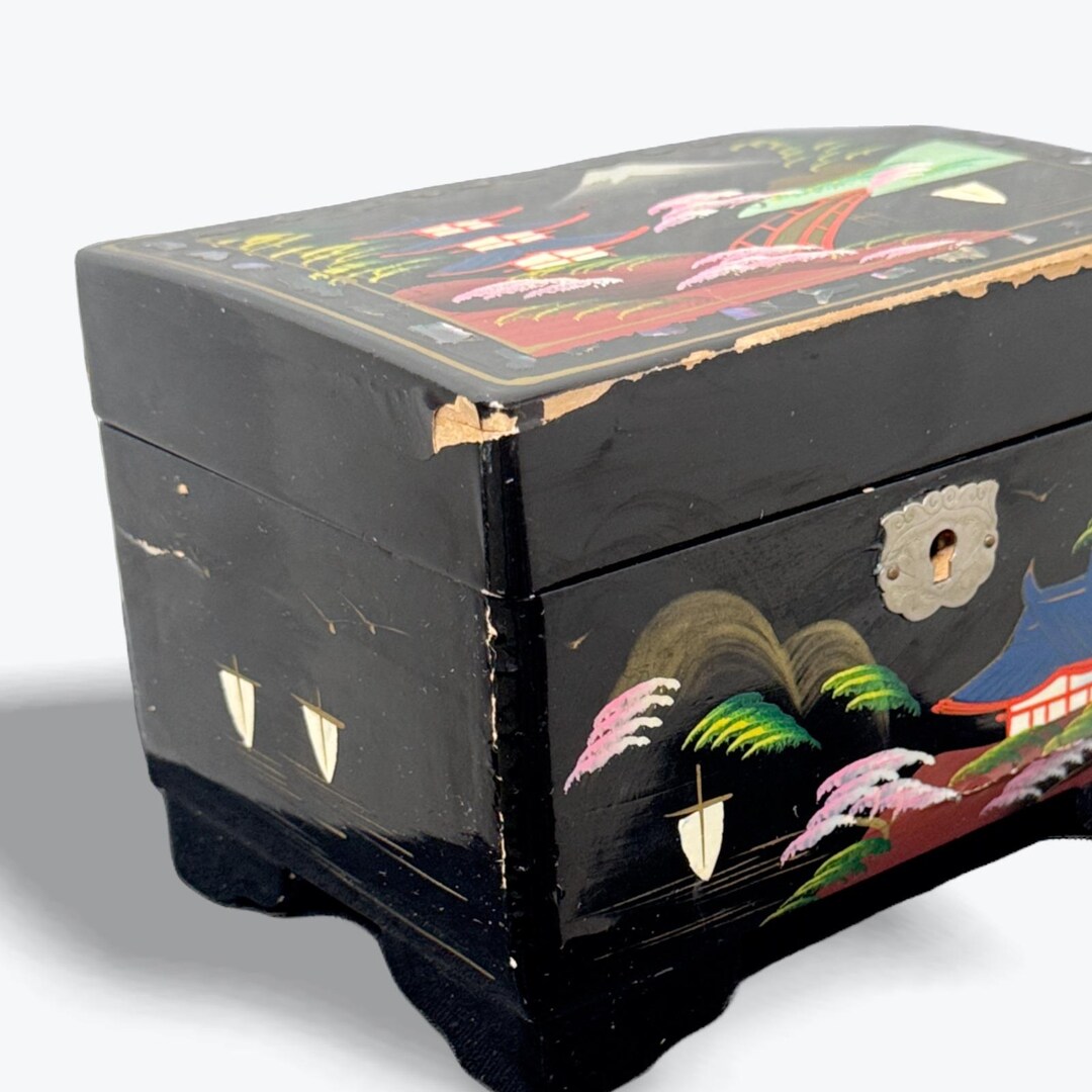 Vintage Japanese Lacquer Music Box Abalone Shell Inlay Blue Velvet ...