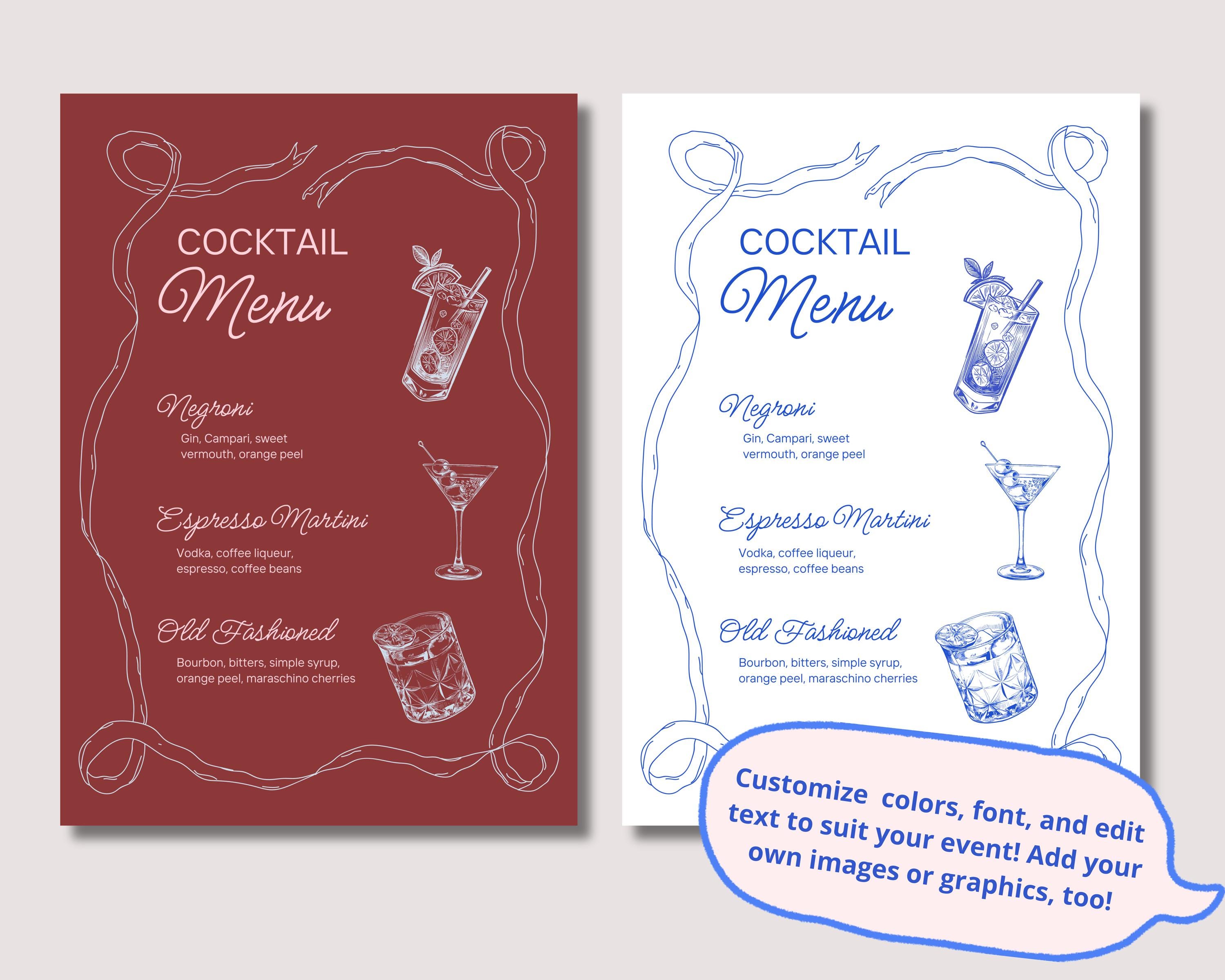 Bar Menu Template, Editable, Printable Bar Menu for Wedding, Cocktail ...