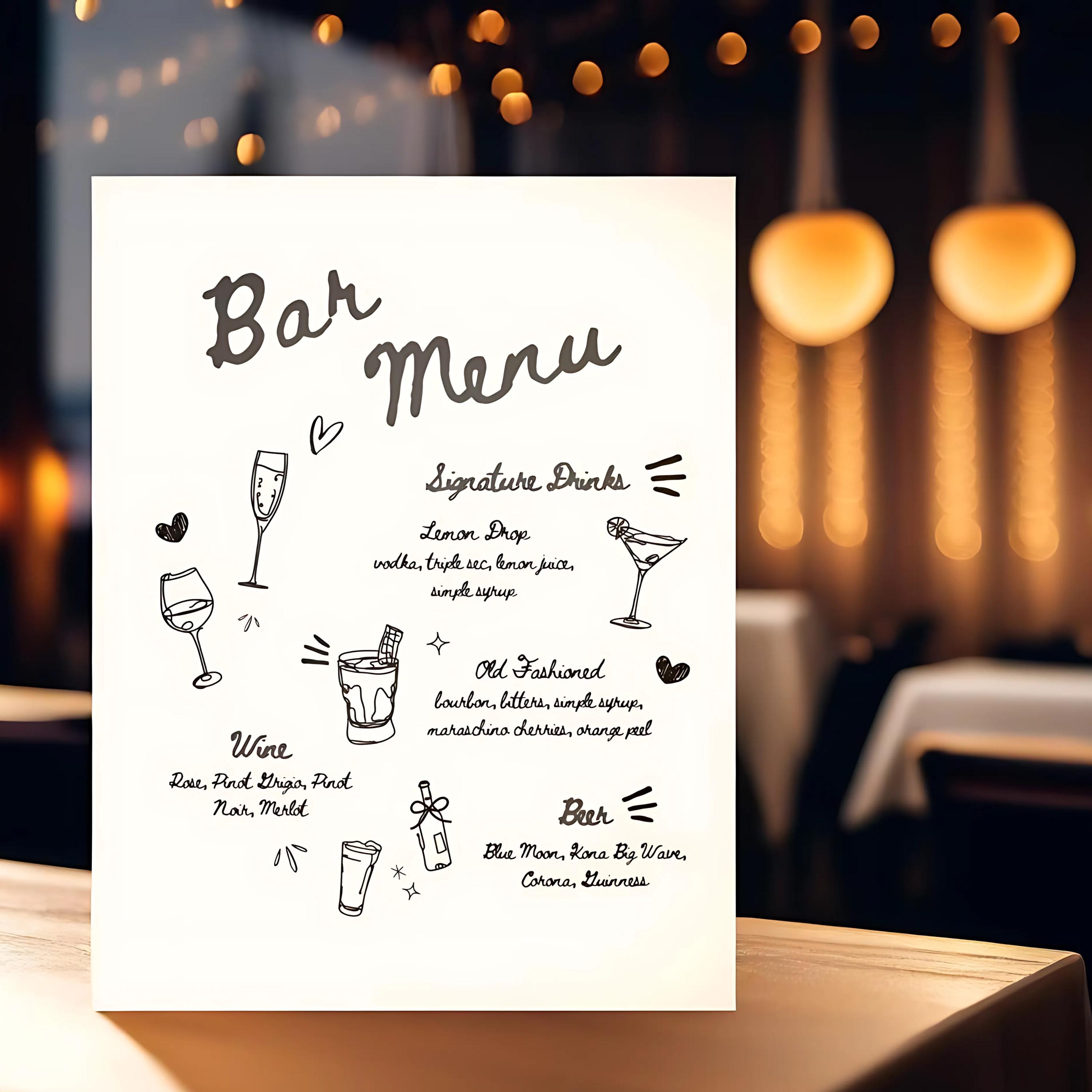 Bar Menu Template, Editable, Printable Bar Menu for Wedding, Cocktail ...