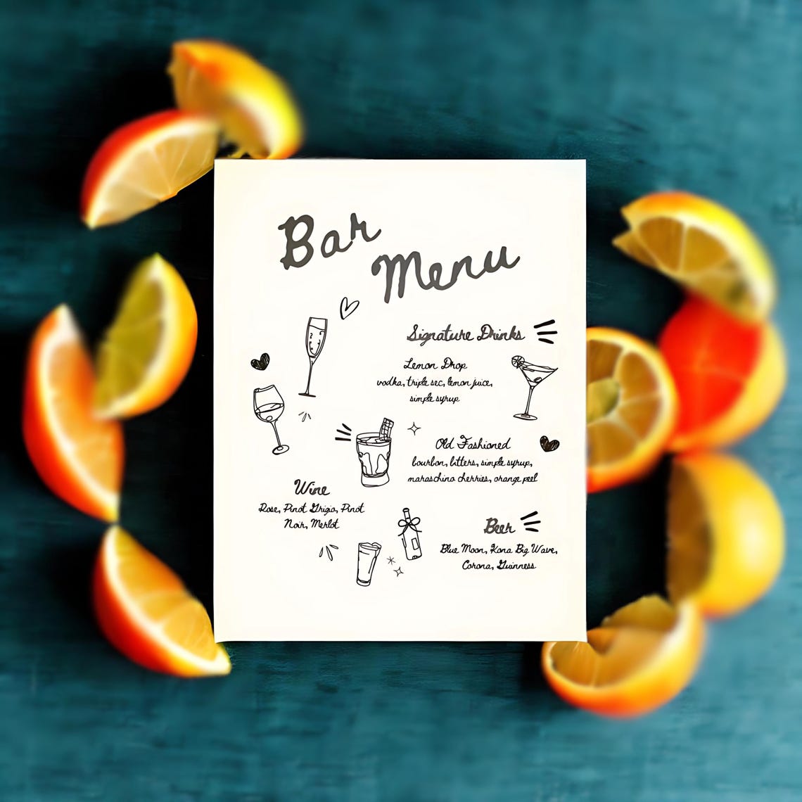 Bar Menu Template, Editable, Printable Bar Menu for Wedding, Cocktail ...
