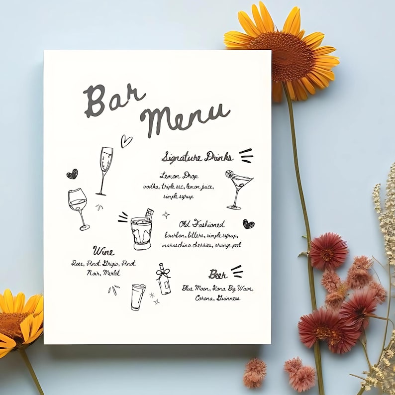 Bar Menu Template, Editable, Printable Bar Menu for Wedding, Cocktail ...