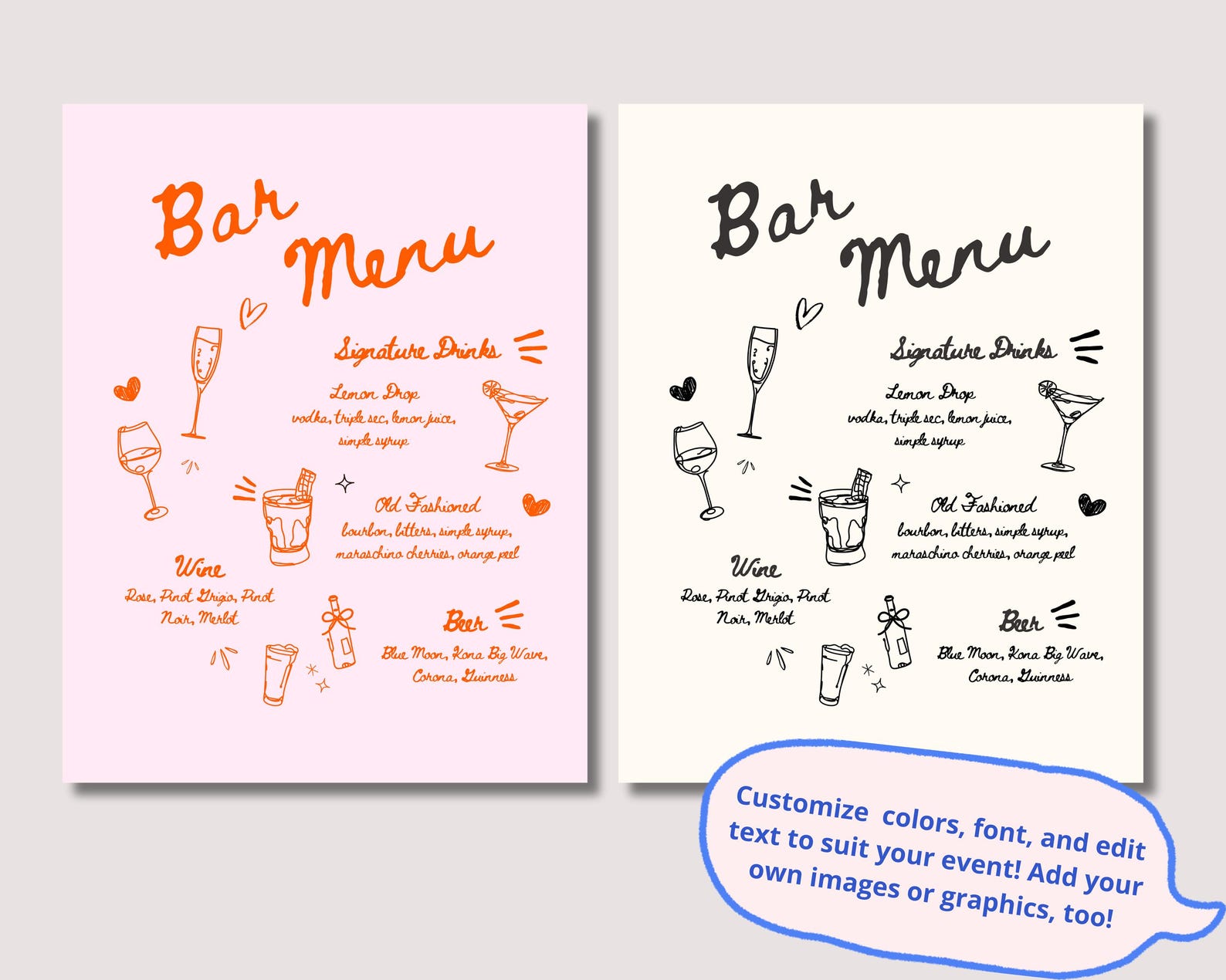 Bar Menu Template, Editable, Printable Bar Menu for Wedding, Cocktail ...