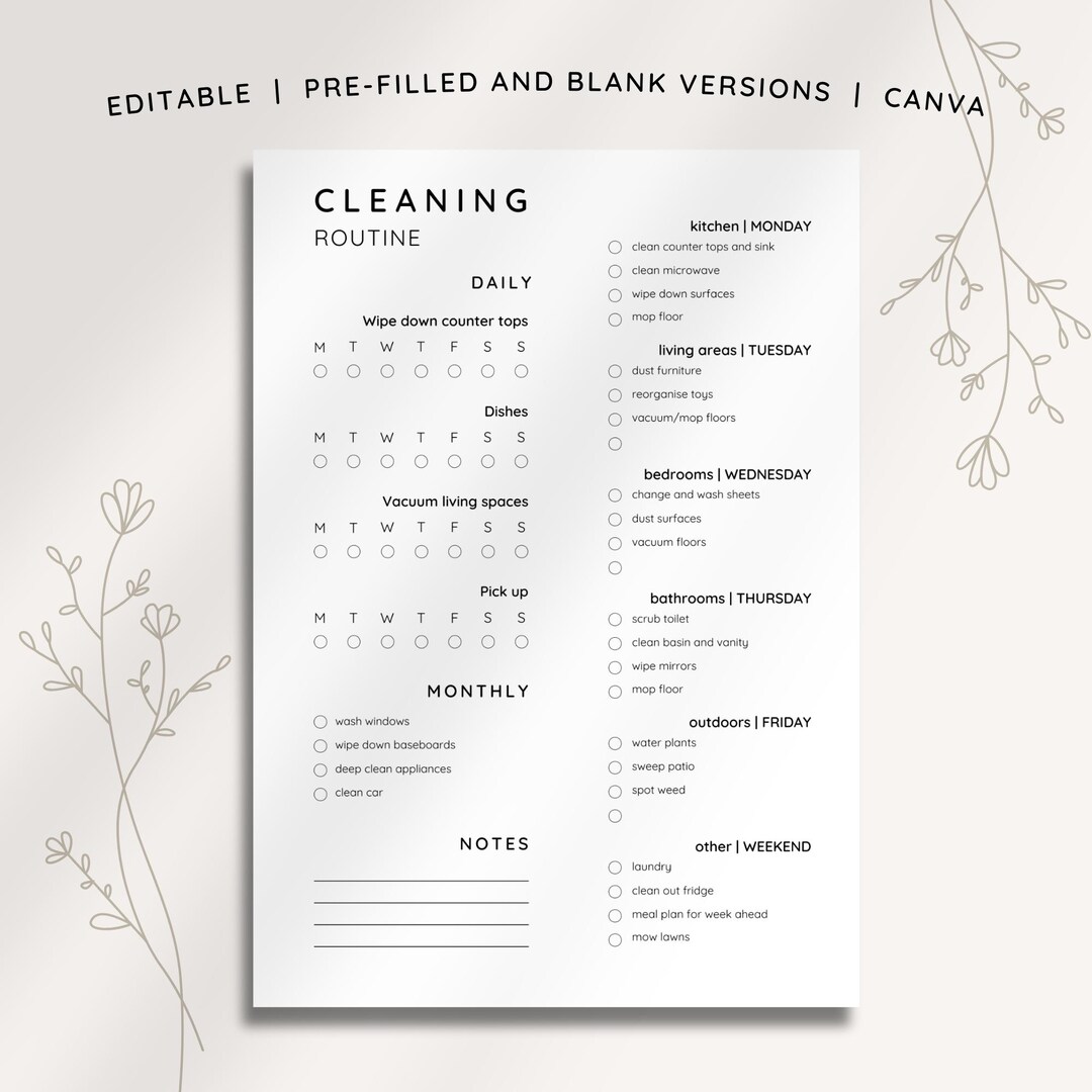 Editable Cleaning Routine, Printable Weekly Planner, Household Chores ...