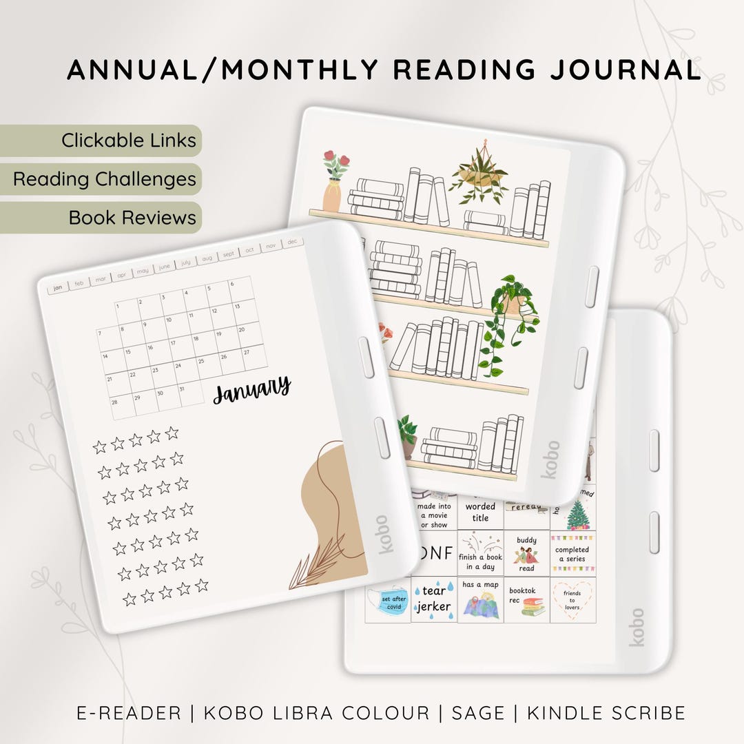 Boho Kobo Reading Journal Planner for Kobo Libra Colour, Sage, Elipsa, E-reader Reading Tracker ...