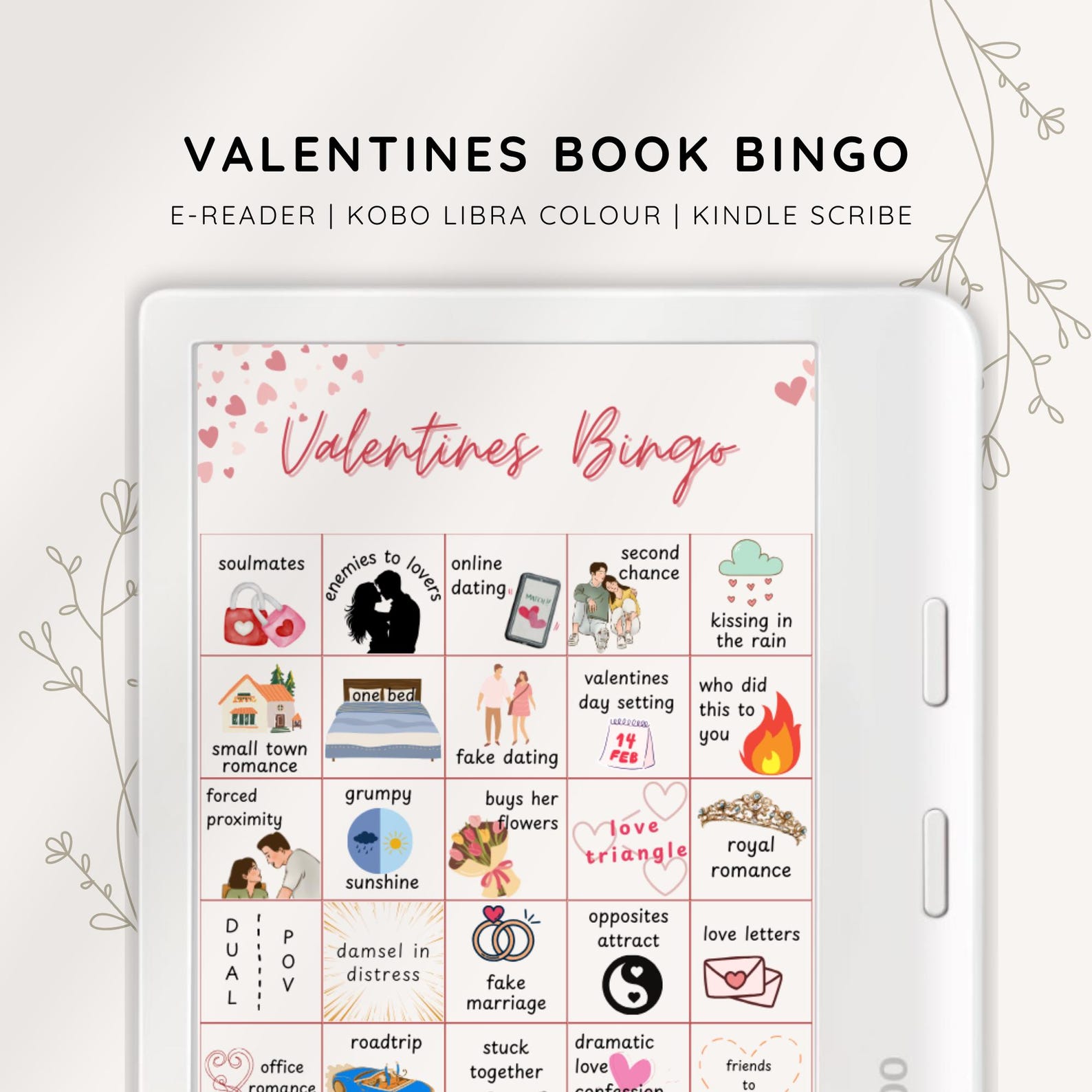 Valentines Day Book Bingo for Kobo Libra Colour, Reading Bingo, Book ...