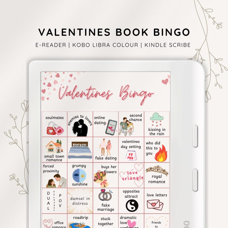 Valentines Day Book Bingo for Kobo Libra Colour, Reading Bingo, Book ...