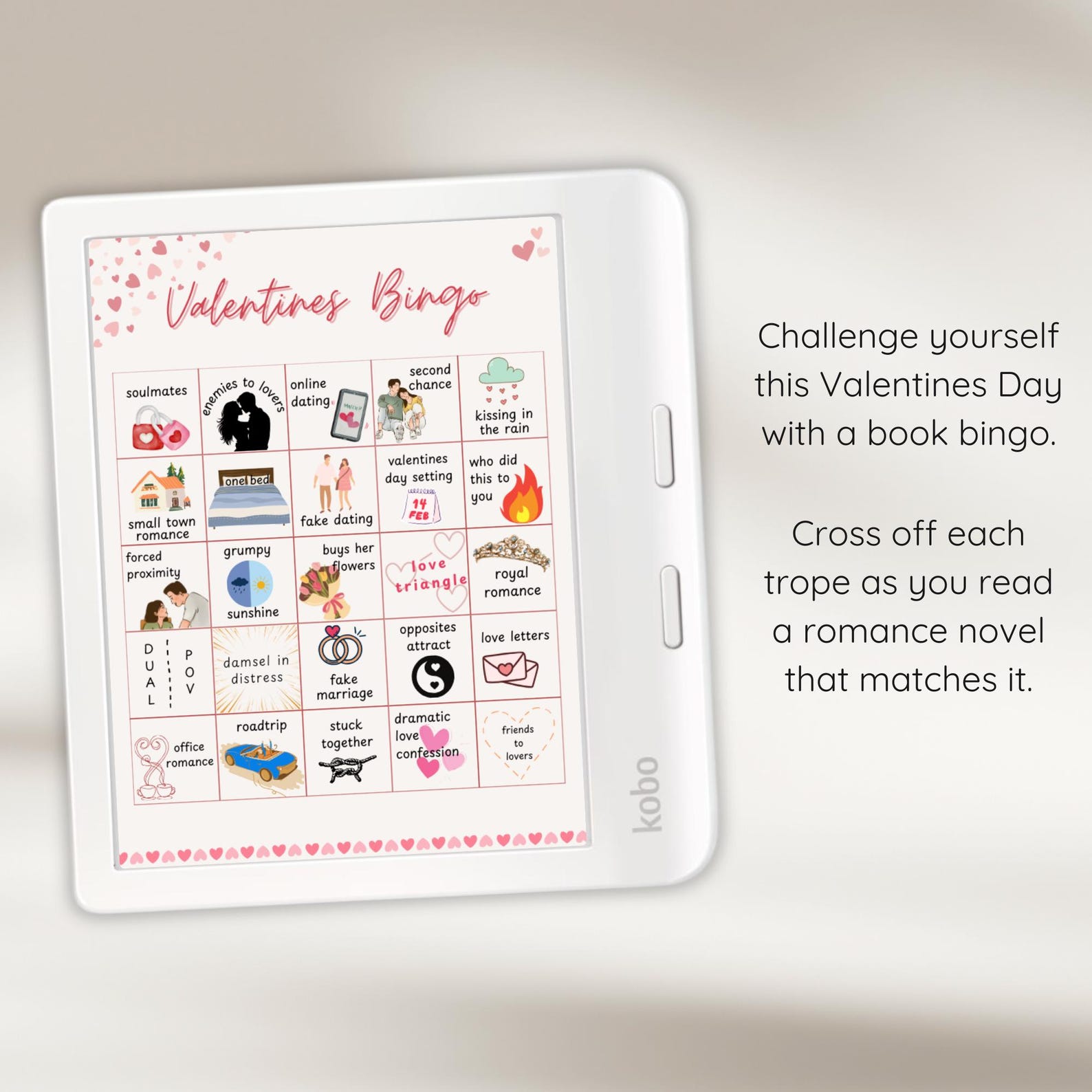 Valentines Day Book Bingo for Kobo Libra Colour, Reading Bingo, Book ...