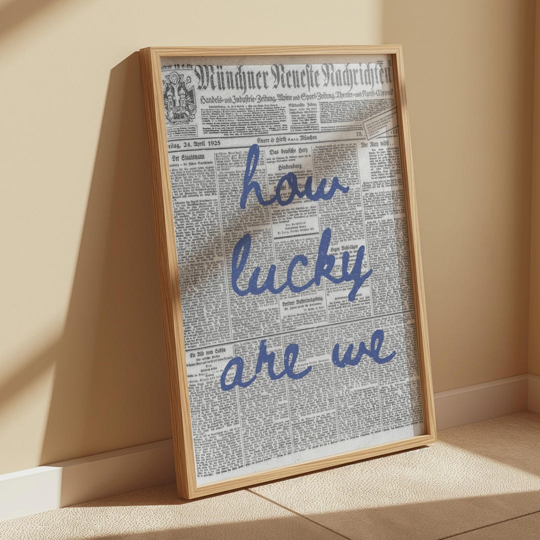 How Lucky Are We Print, Newspaper Print, Navy Blue Retro Print, Trendy ...