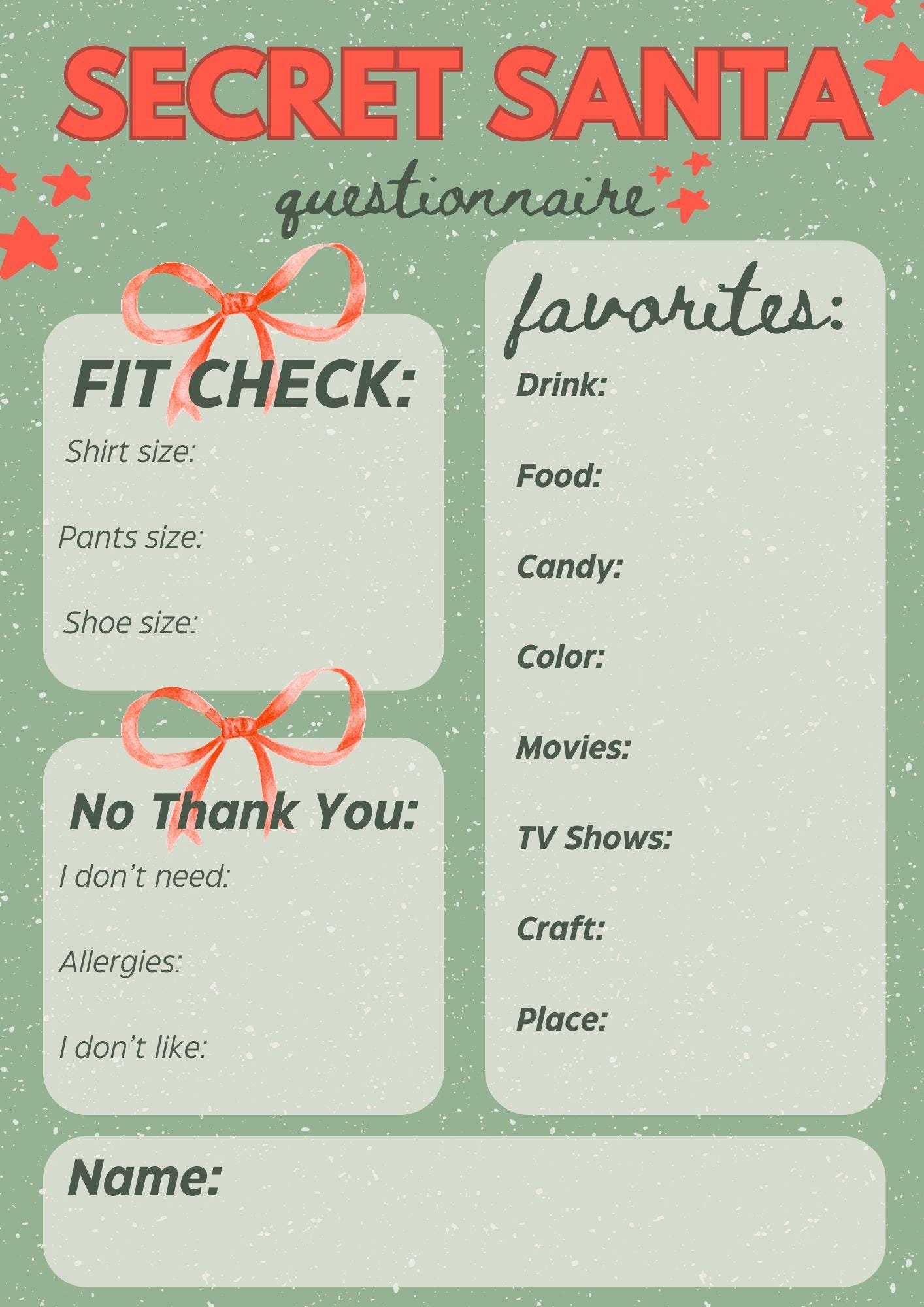 Secret Santa Questionnaire Template, Holiday Gift Exchange, Secret ...