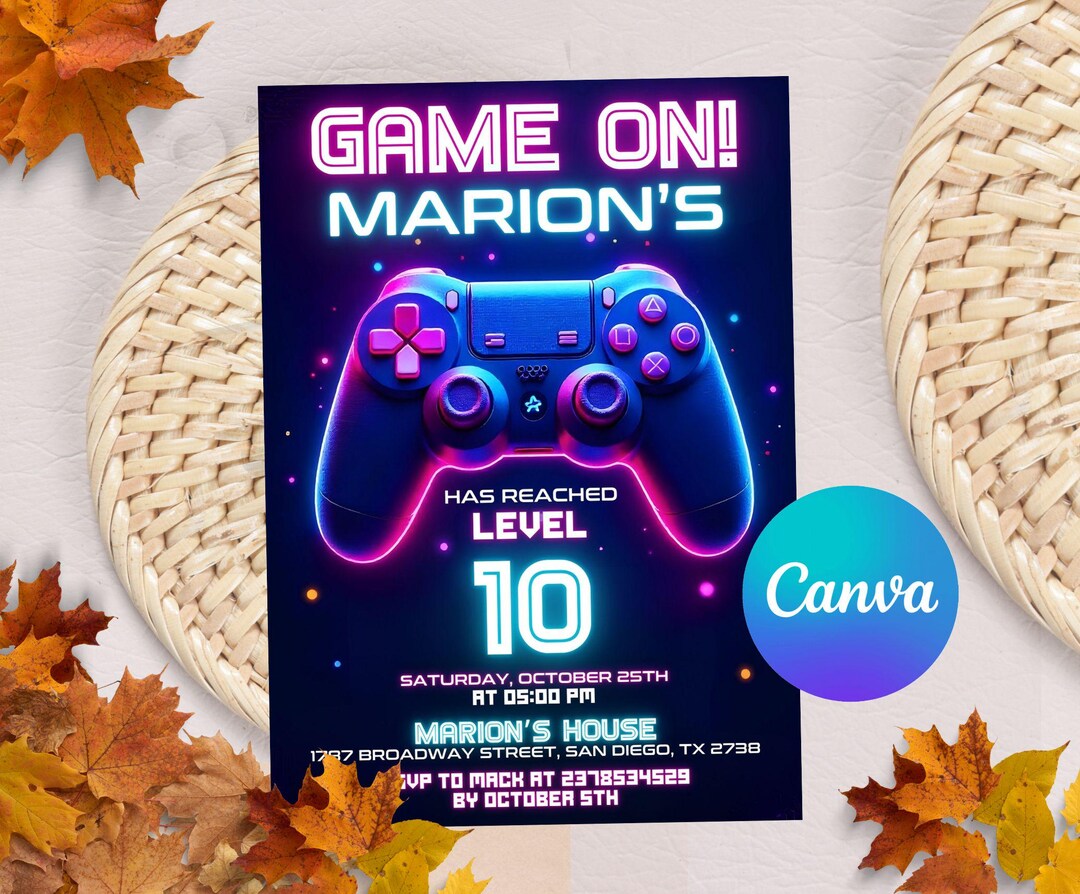 Editable Neon Game on Level up Gaming Birthday Party Invitation, Video ...