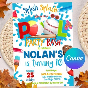 Editable Baseball Pool Birthday Party Invitation, Sports Birthday ...
