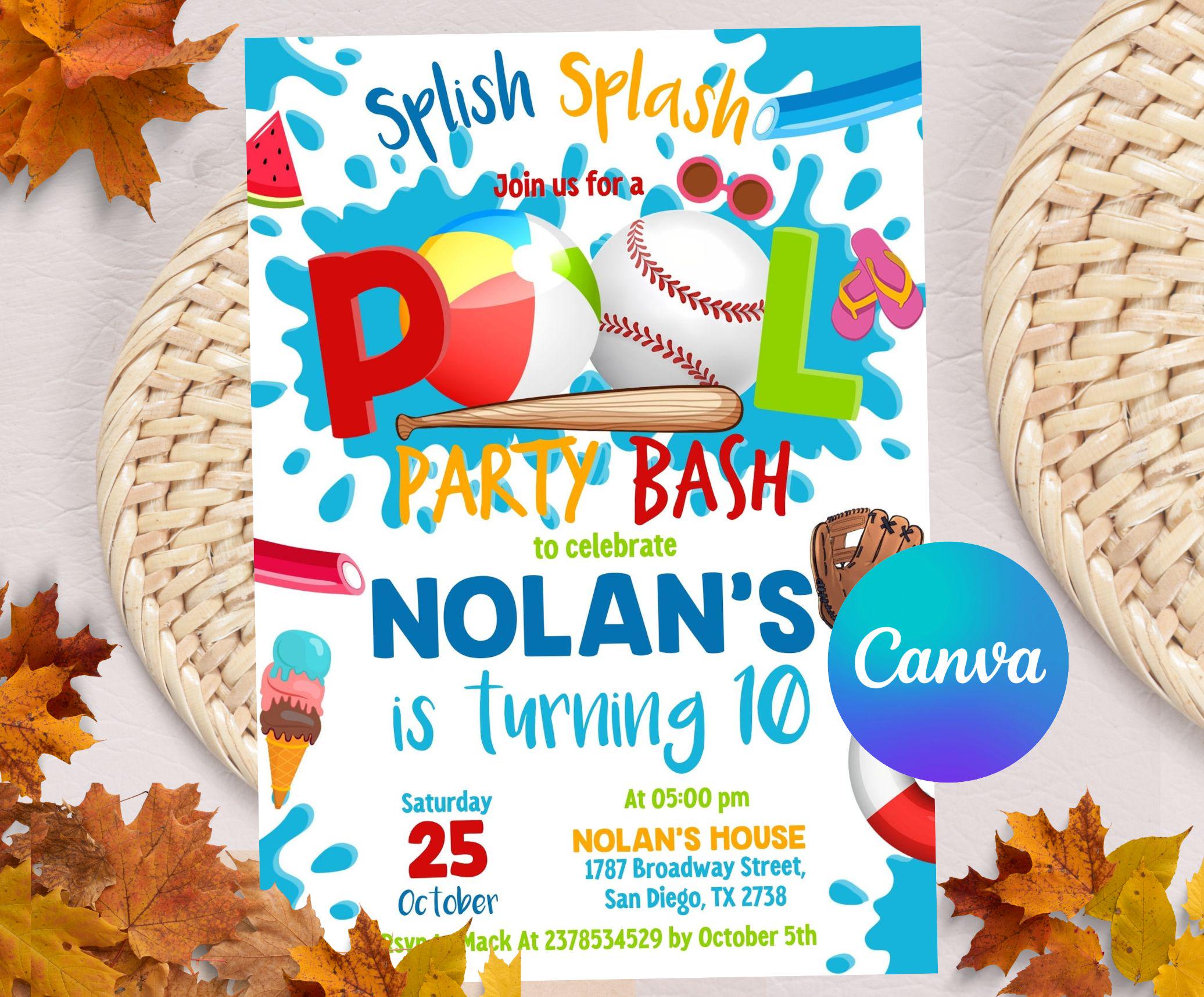 Editable Baseball Pool Birthday Party Invitation, Sports Birthday ...