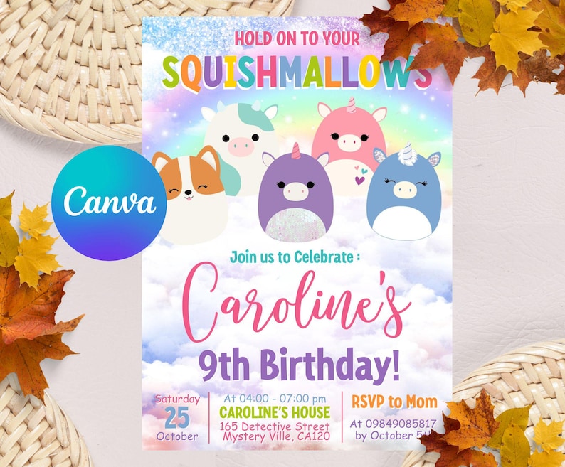 Editable Squishmallow Birthday Invitation, Squishmallow Invitation ...