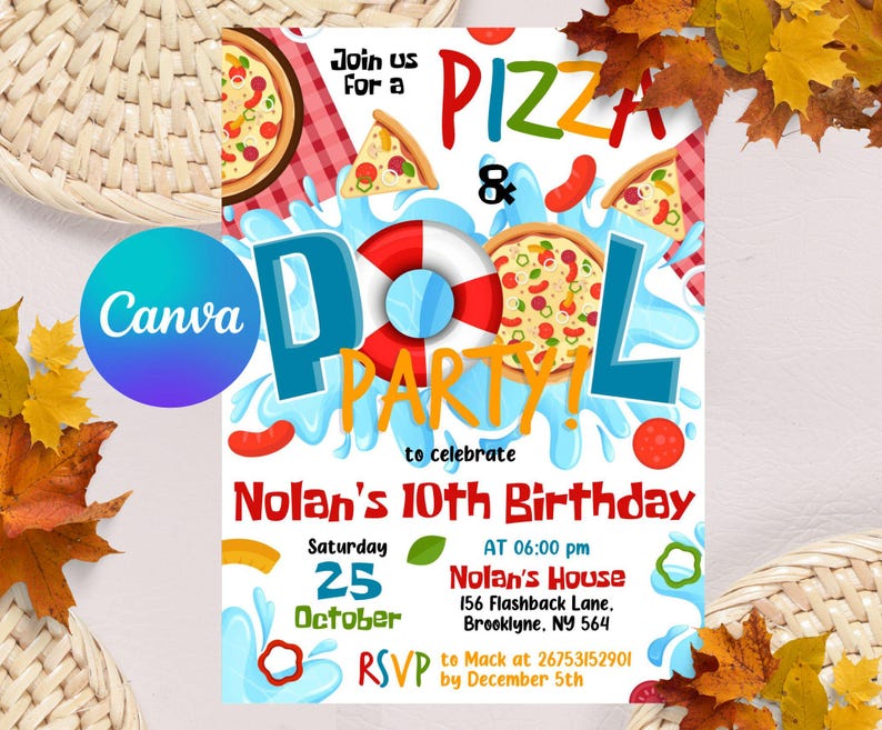 Editable Pizza Pool Party Invitation, Pizza and Pool Party Invite, Boy ...