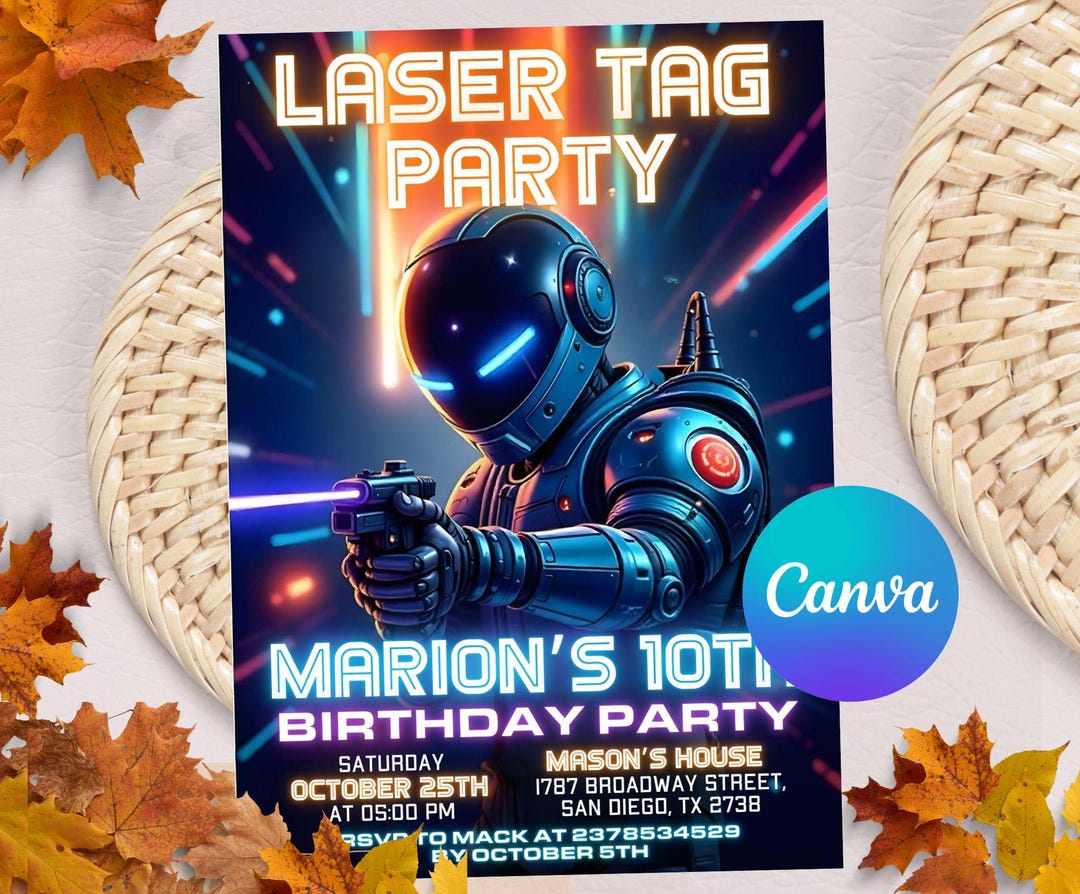 Editable Laser Tag Birthday Invitation, Laser Tag Party Invite, Neon ...