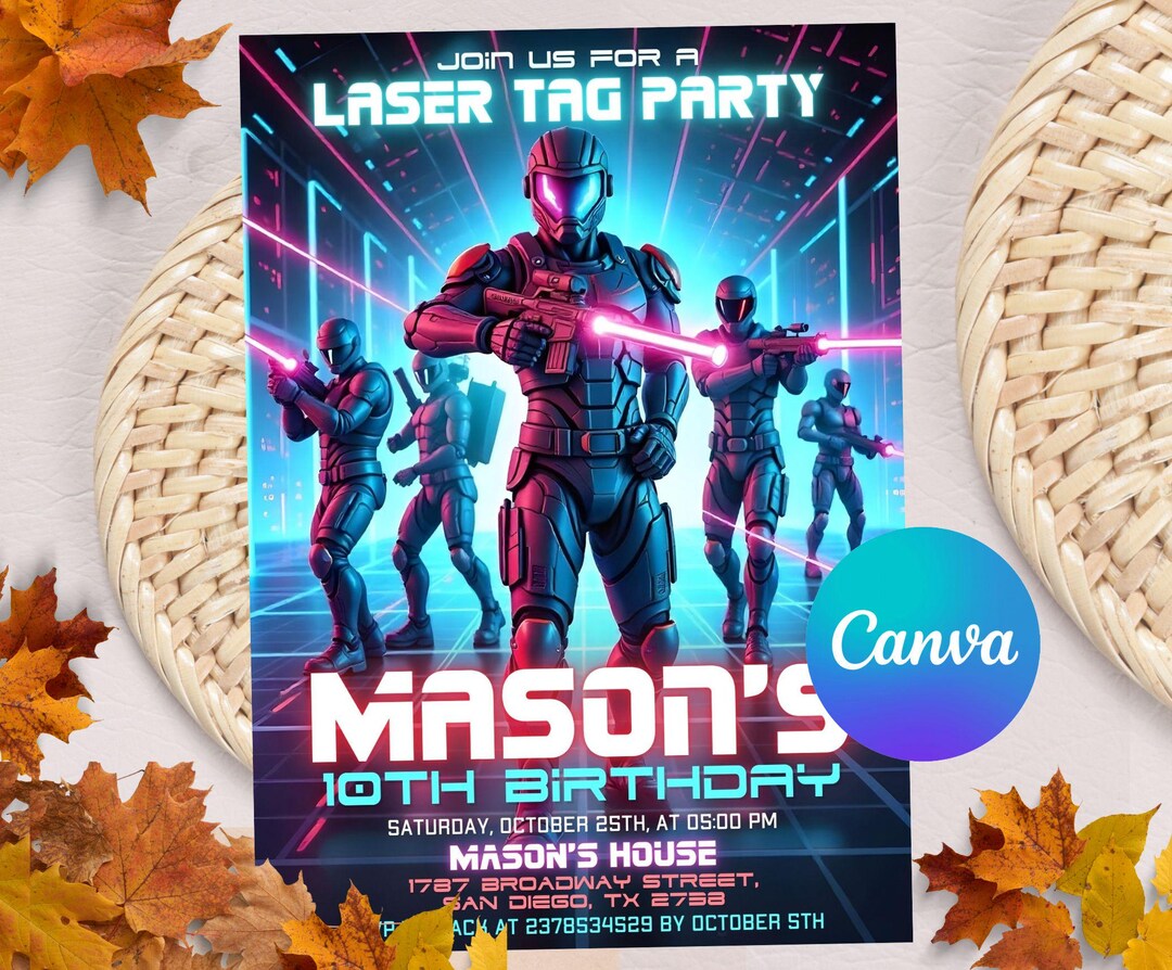 Editable Laser Tag Party Invitation, Neon Birthday Party Invite, Glow ...